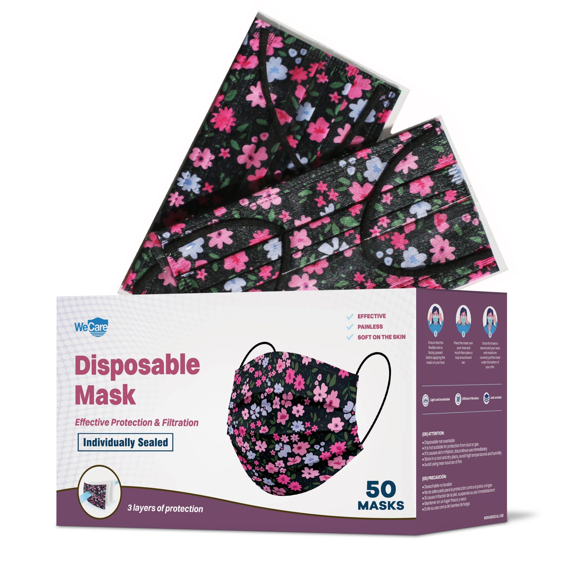 Disposable Face Masks 3-Ply Individually Wrapped , 50ct - Flowers ...