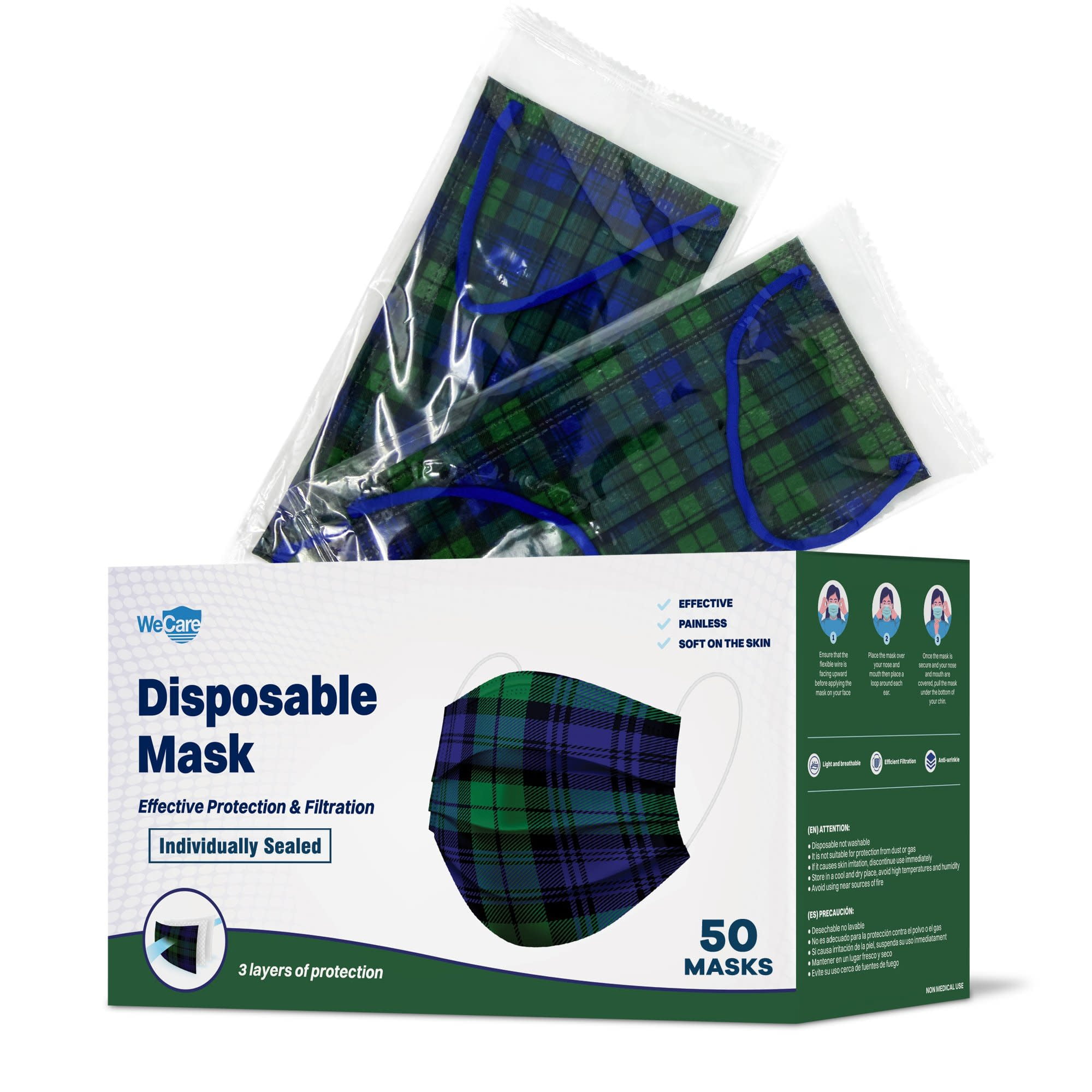 Disposable Face Masks 3-Ply Individually Wrapped , 50ct - Green Plaid ...