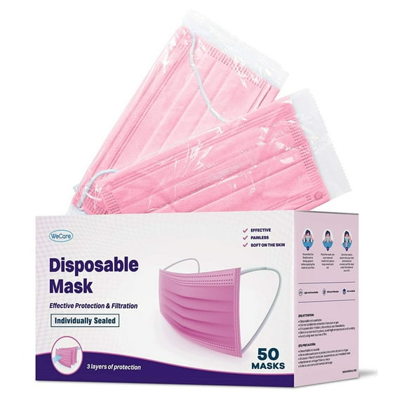 Disposable Face Masks 3-Ply Individually Wrapped , 50ct - Light Pink ...