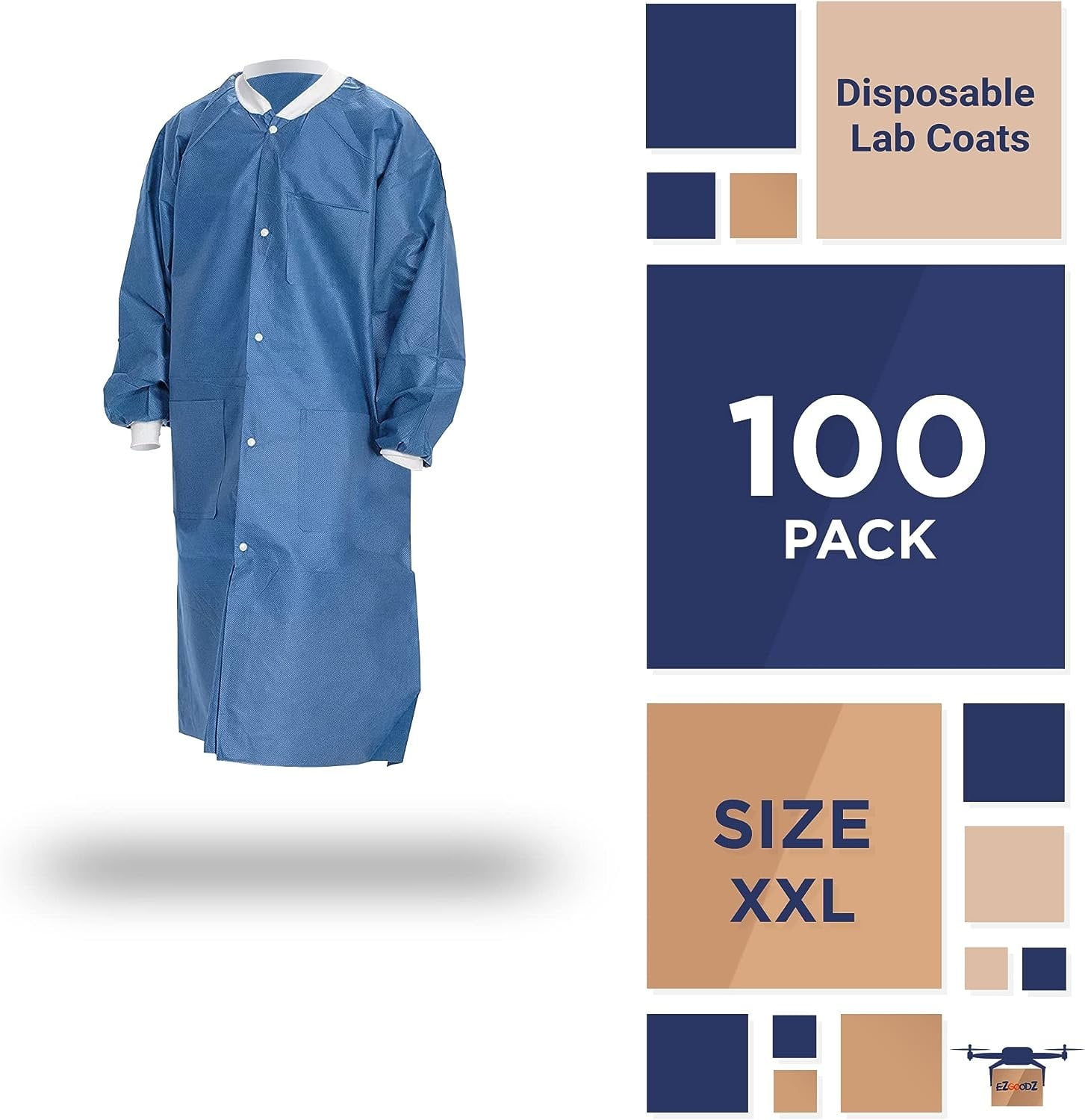 Disposable Lab Coats. Pack of 100 Blue Adult Work Gowns 2X-Large SMS 40 ...