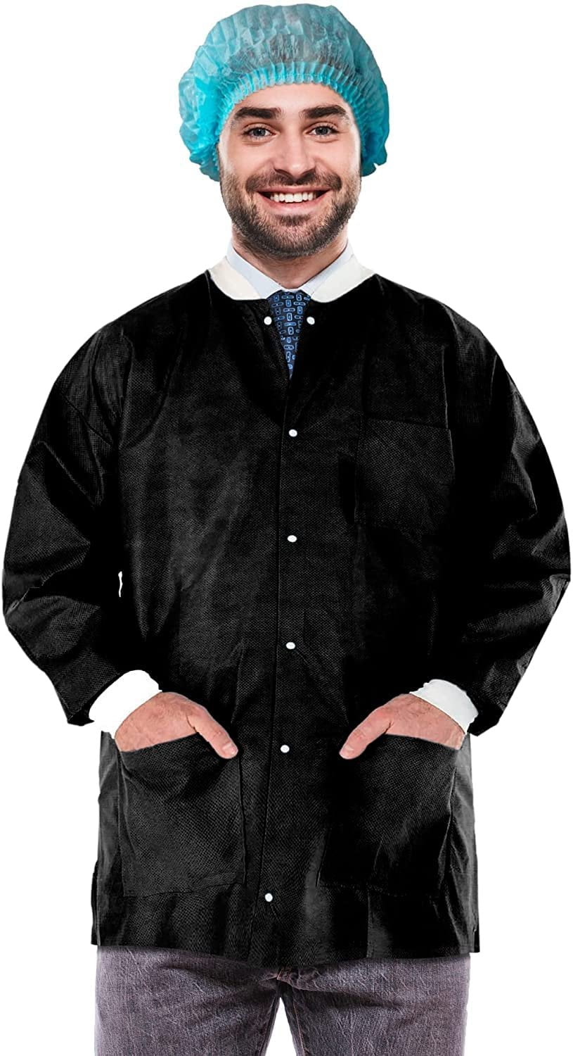 Disposable Lab Jackets, 32inch Long. Pack of 10 Black Hip-Length Work ...