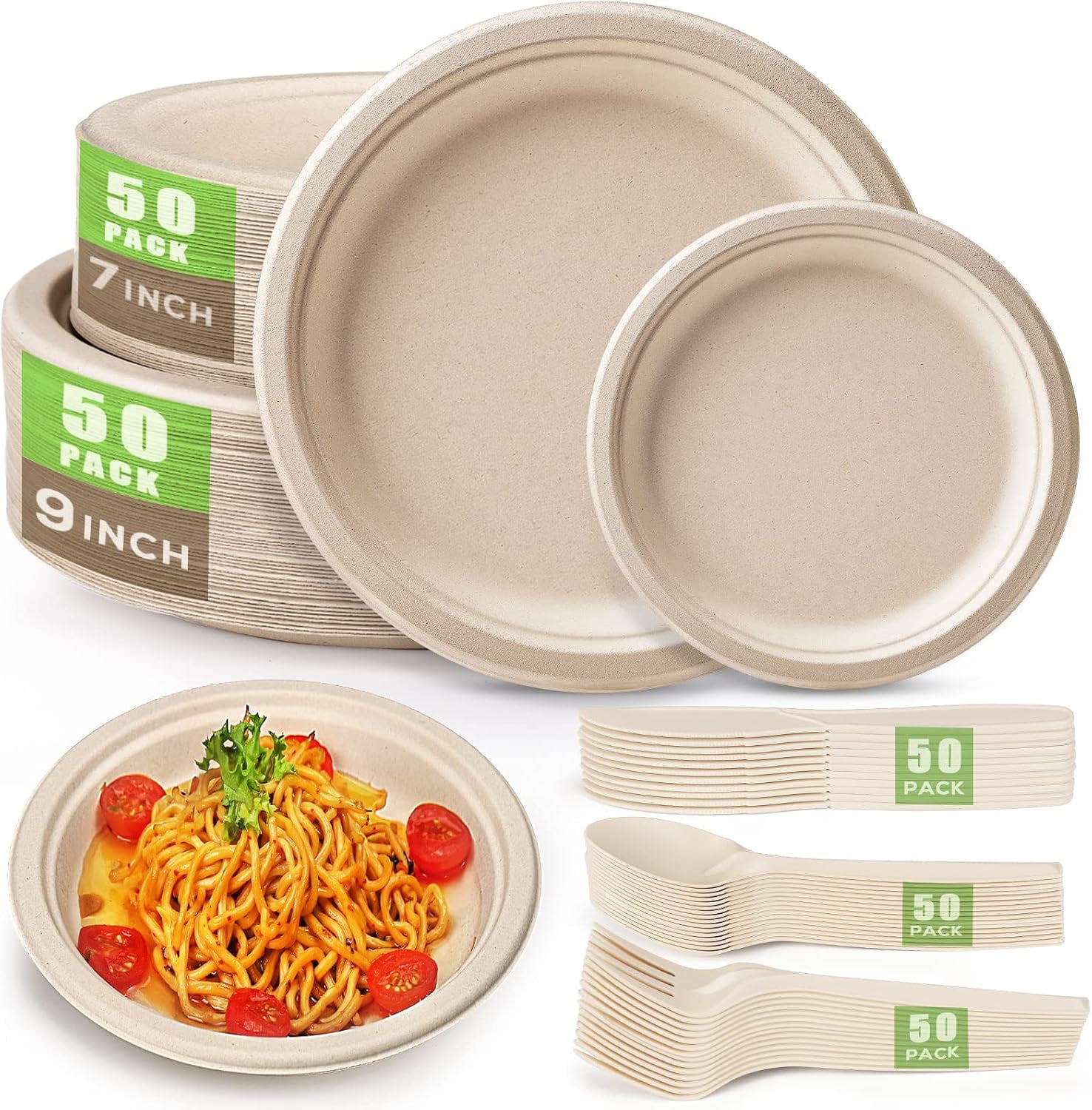 Disposable Paper Plates Set, Compostable Plate Sugarcane Utensils Eco ...