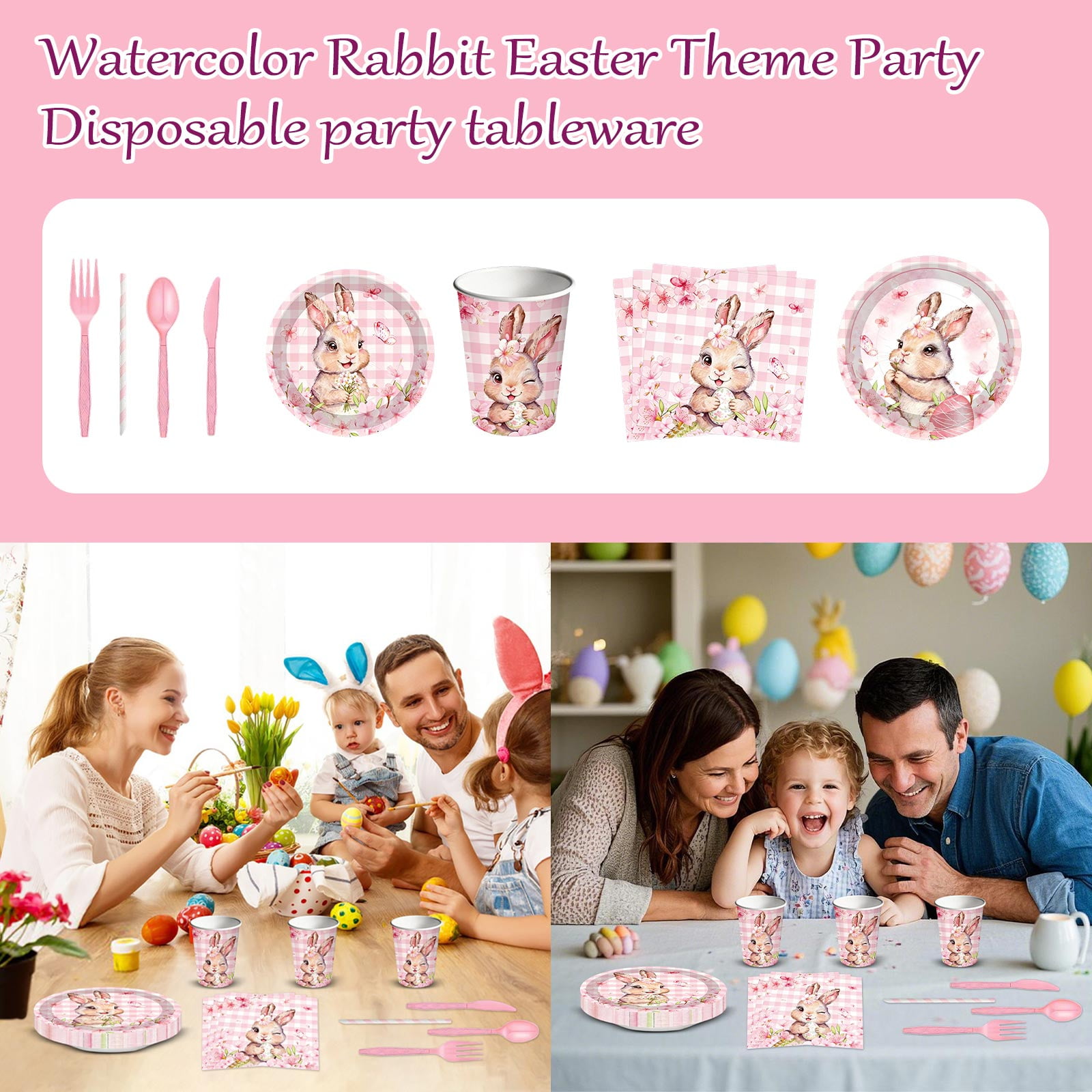 Disposable Paper Plates with Bunny and Flower Print for Party Tableware ...