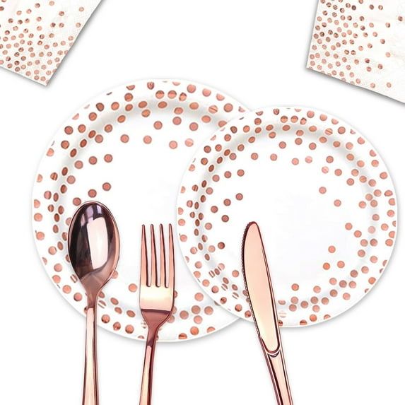 Disposable Paper Set-White Rose Gold Polka Dot Paper Cups & Plates ...