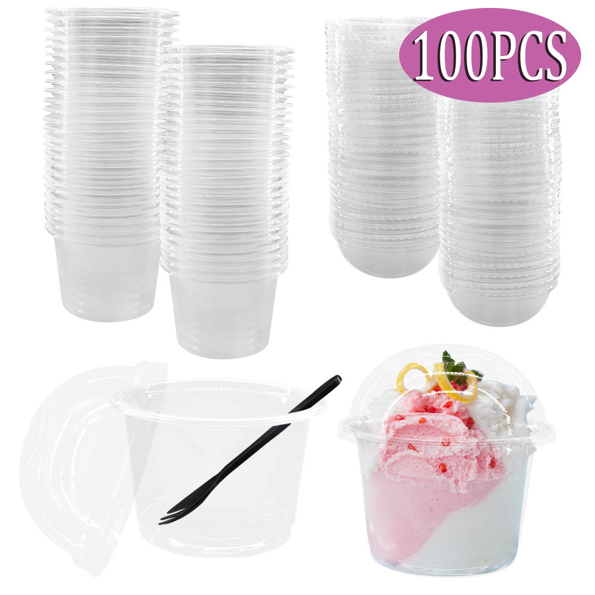 DLux 100 x 2oz Square Mini Dessert Cups with Spoons and Lids, Clear ...