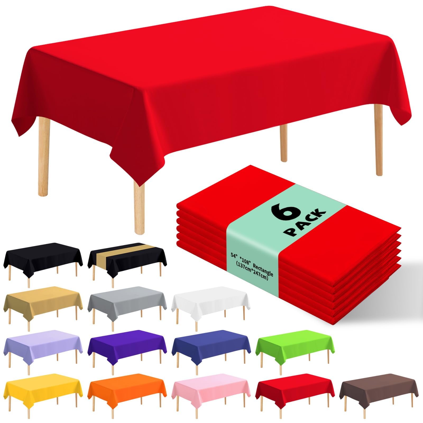 Disposable Plastic Tablecloth, Premium Red Table Cover 6 Pack 54x108 ...