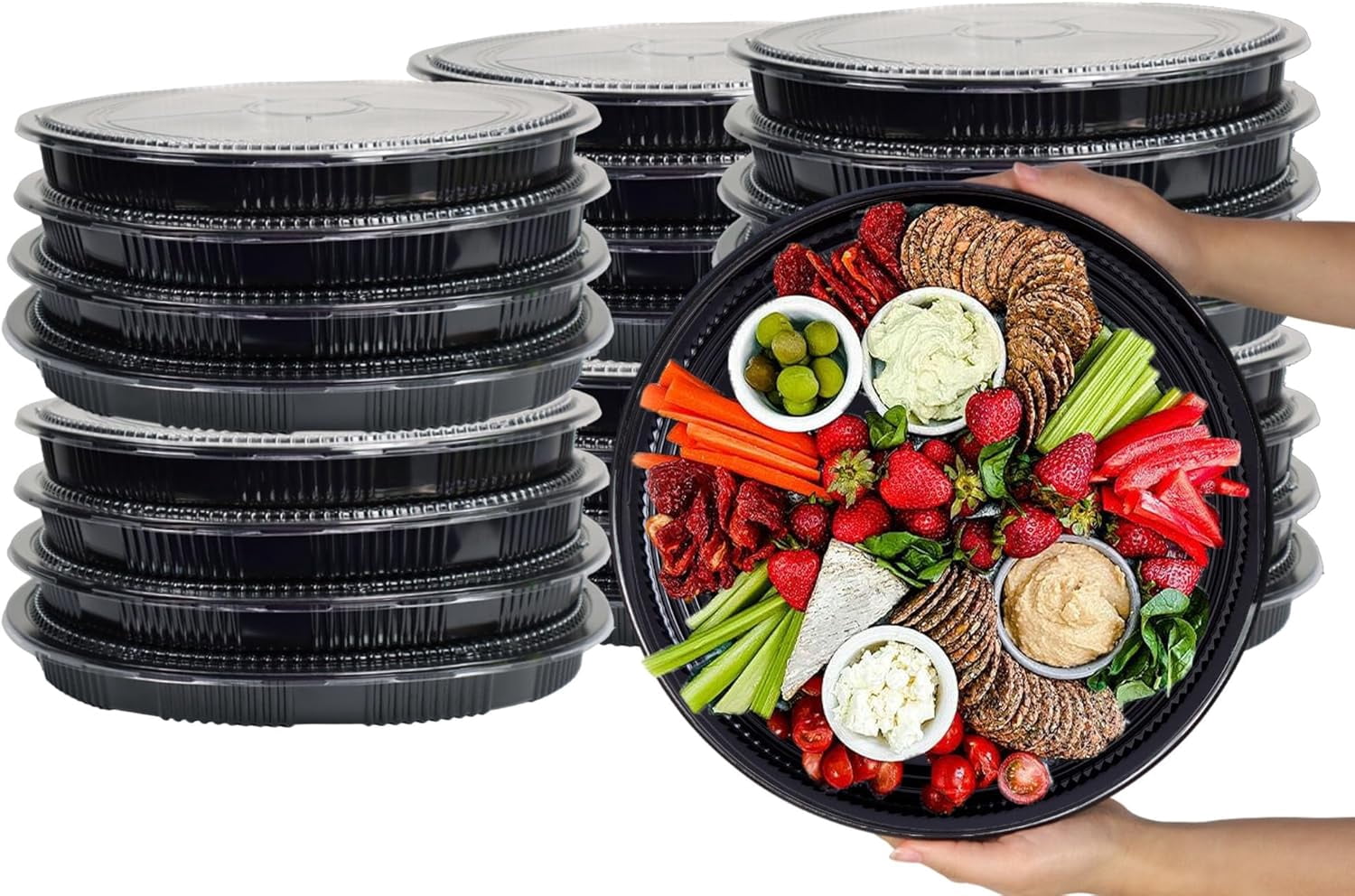Disposable Round Party Sushi Trays with Lids, PET Plastic, Black/Clear ...