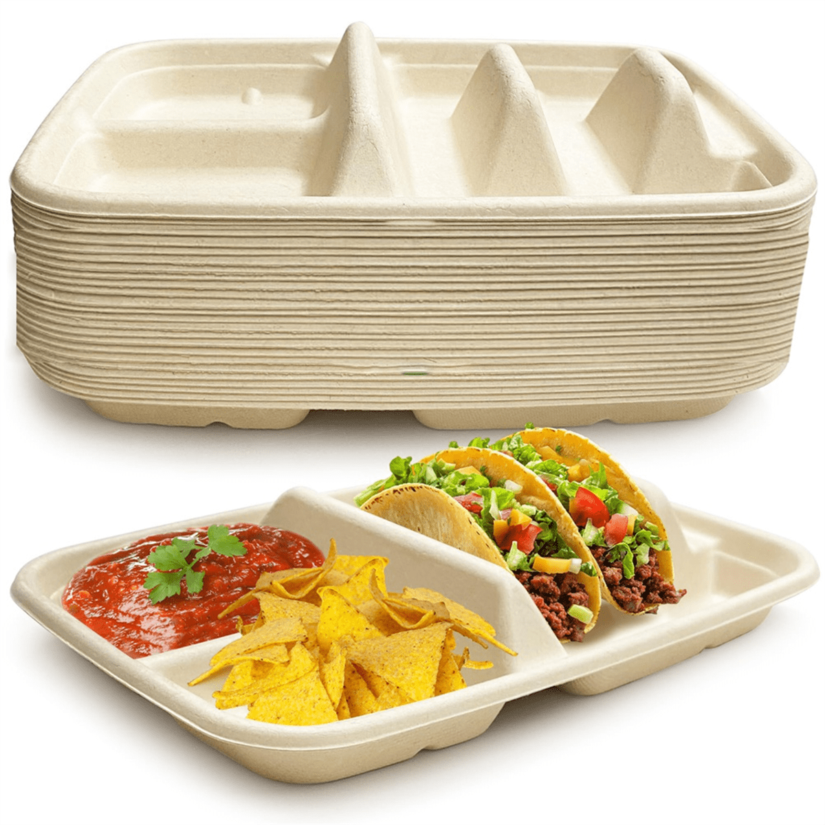 Disposable Taco Plates for 2 Tacos & 2 Sides - 25 PACK with Dividers ...