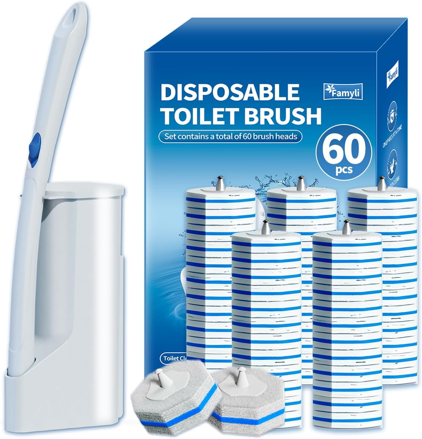 Disposable Toilet Brush Set with 60 Replacement Heads, Toilet Cleaning ...