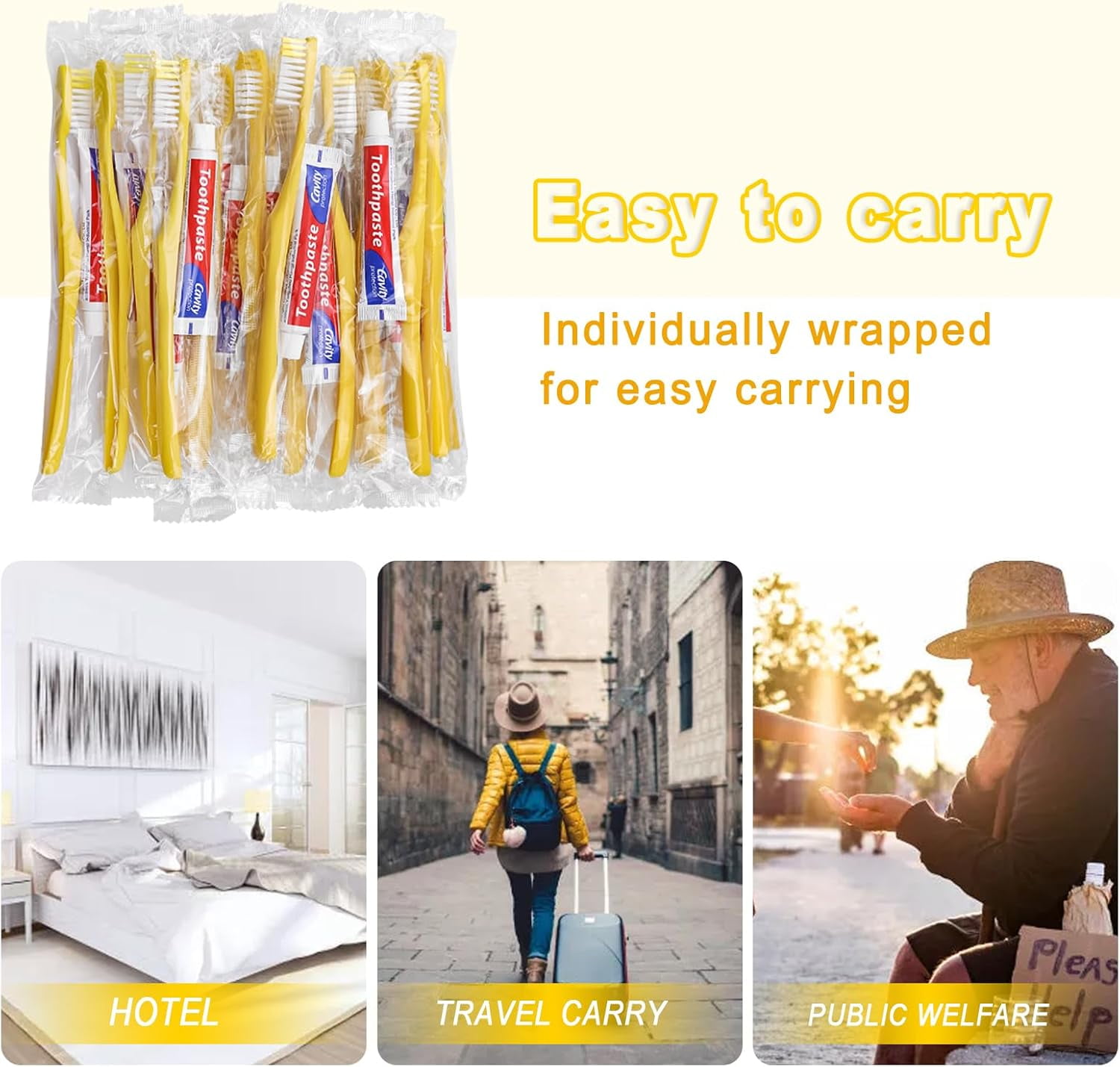Disposable Toothbrushes with Toothpaste Pack of 100, Yellow Hollow ...