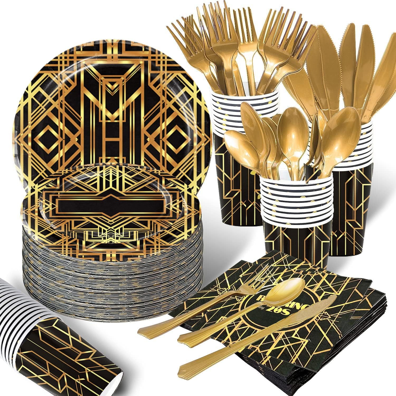 Disposable party cutlery set with black gold geometric pattern ...