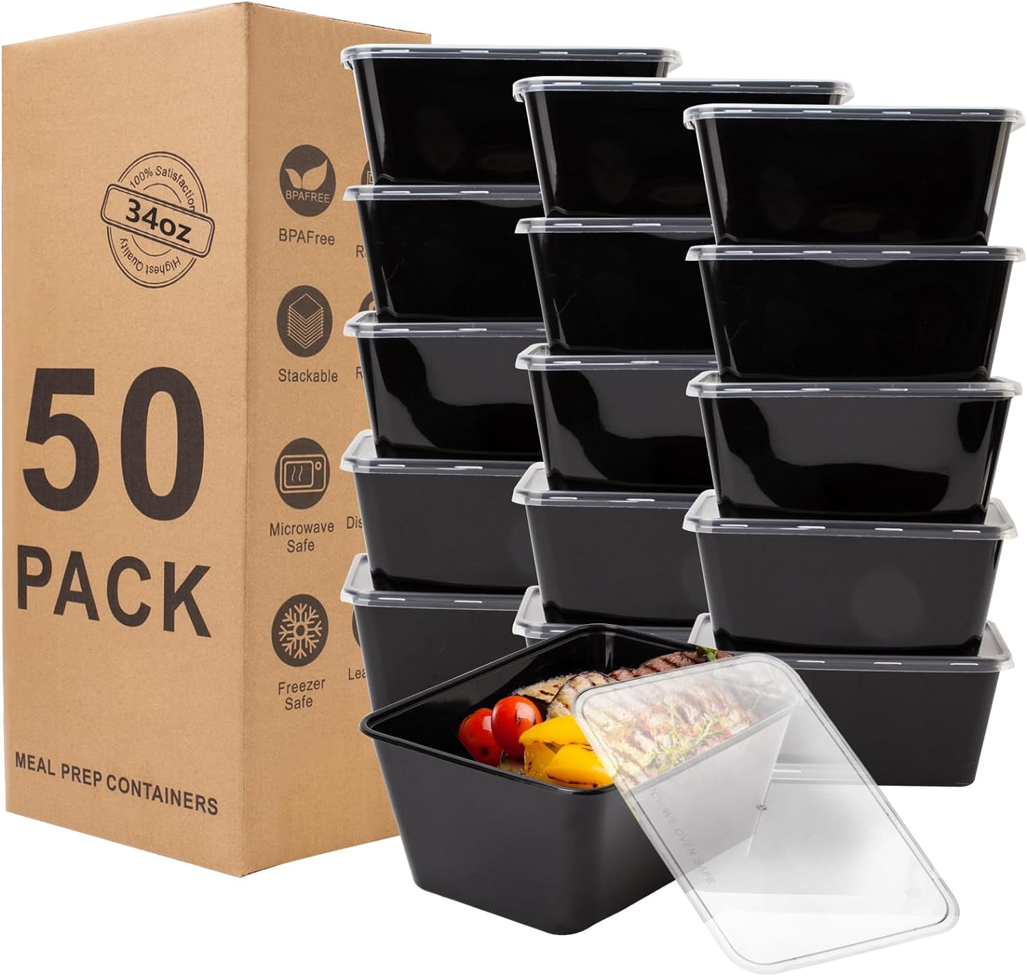 Disposable with Lids 50-Pack, 34oz BPA Free Meal Prep Containers ...