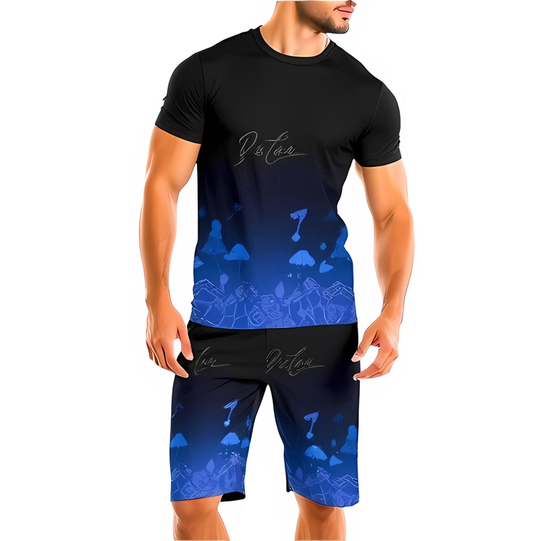 Distan Men's Athletic T-Shirt and Shorts Set - Black with Blue Mushroom ...
