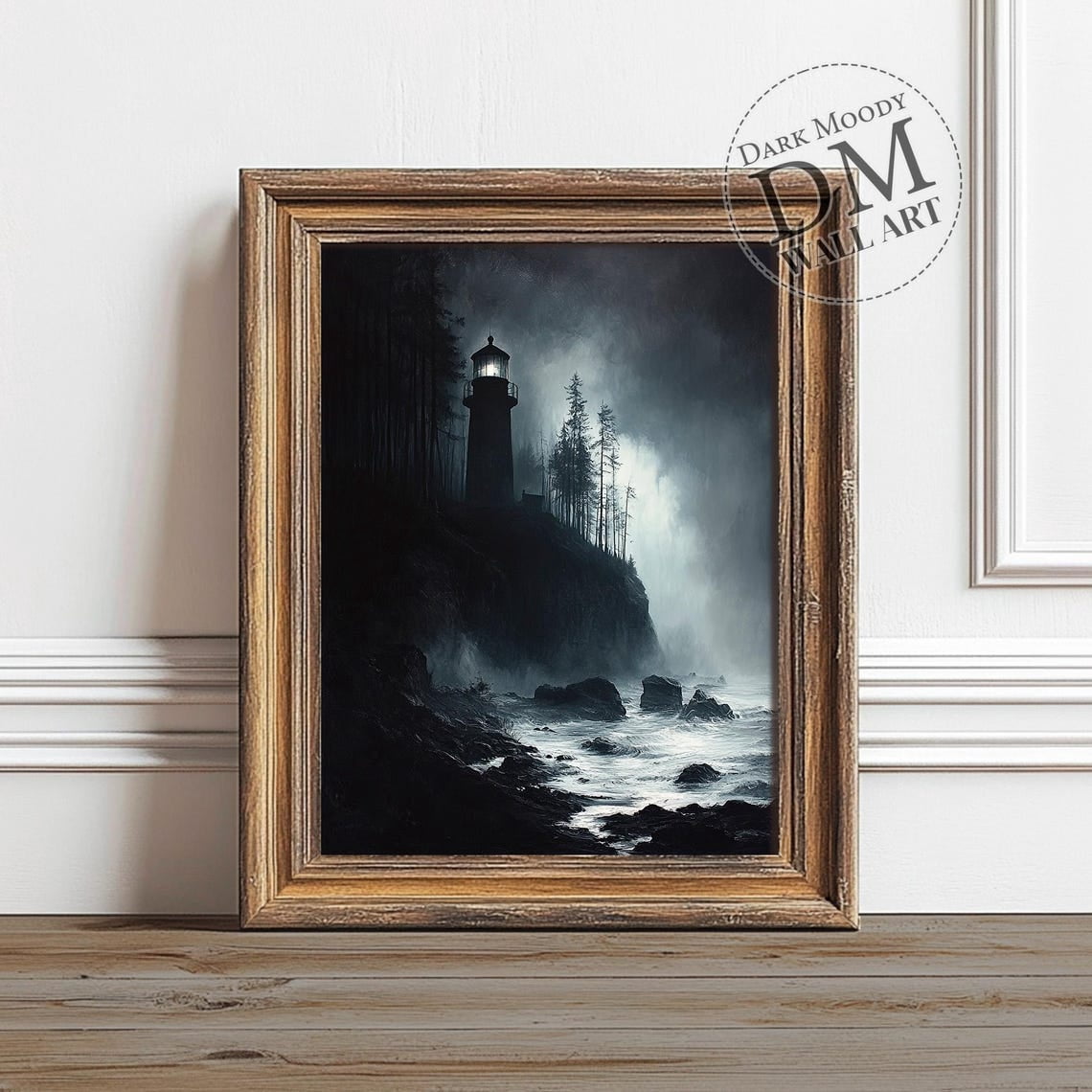 Distant Lighthouse On Shore Dark Moody Wall Art, Vintage Coastal ...