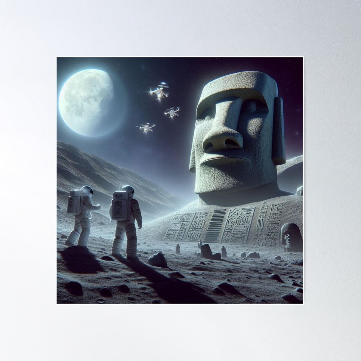 Distant Moai With Unknown Alphabet, Alien Hieroglyph Symbols. Poster ...