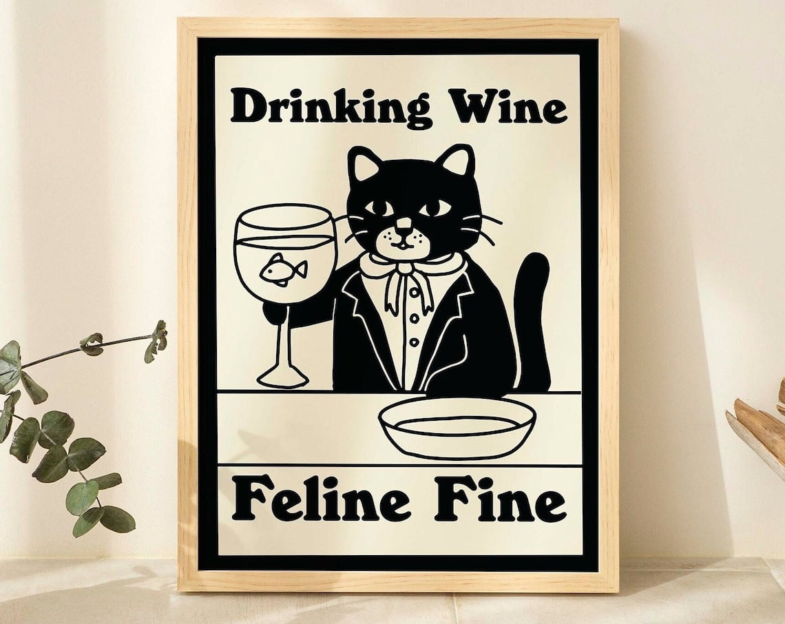 Distinguished Cat Print, Retro Wine Drink Alcohol Poster, Cat Milk ...