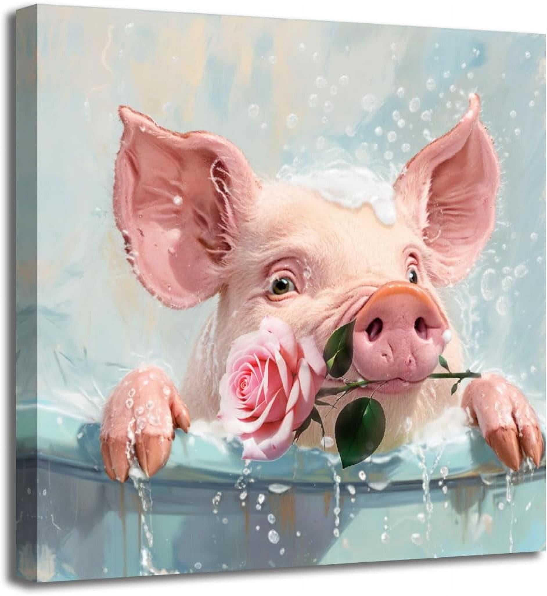 Distiny Bathroom Wall Art Cute Pig Pink Rose Painting Funny Animal ...