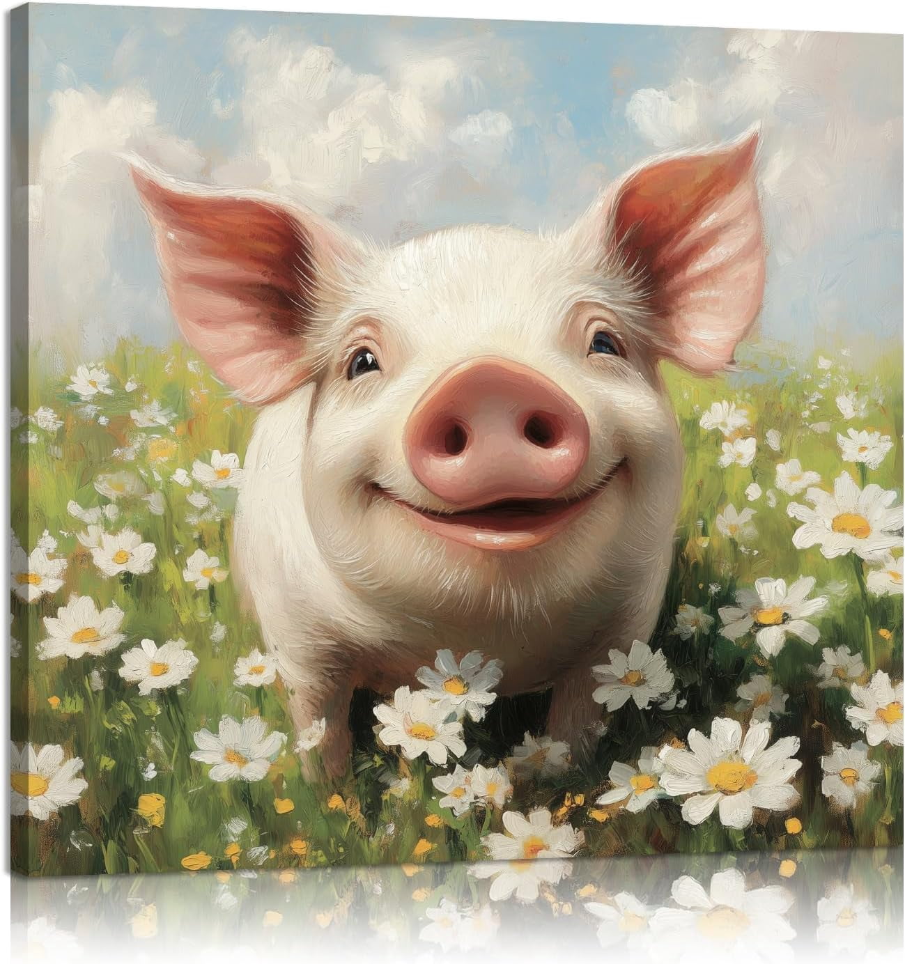 Distiny Pig Canvas Wall Art - Pink Pig Smiling in the Field of White ...