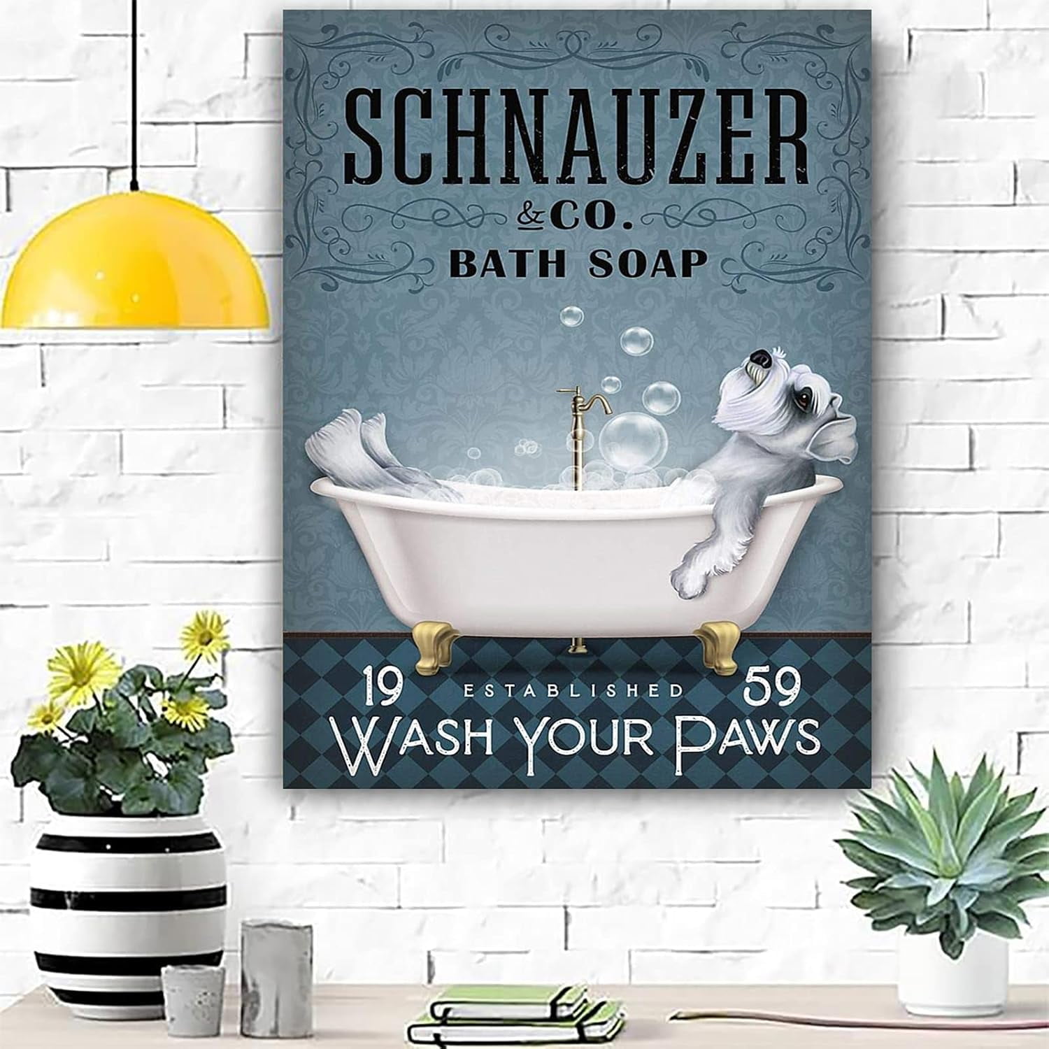 Distiny Schnauzer in der Badewanne, Poster "Wash Your Paws" auf Leinwand, Wandkunst ...