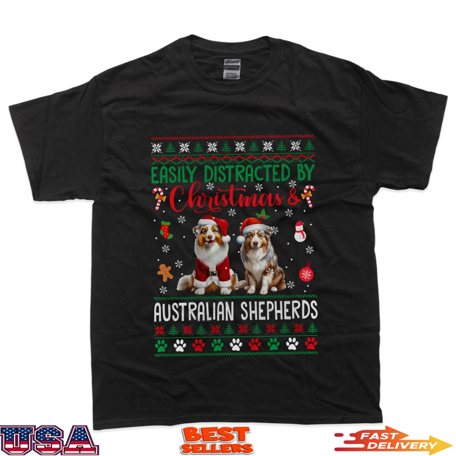 Distracted by Christmas and Australian Shepherds Funny Holiday Tee,for ...