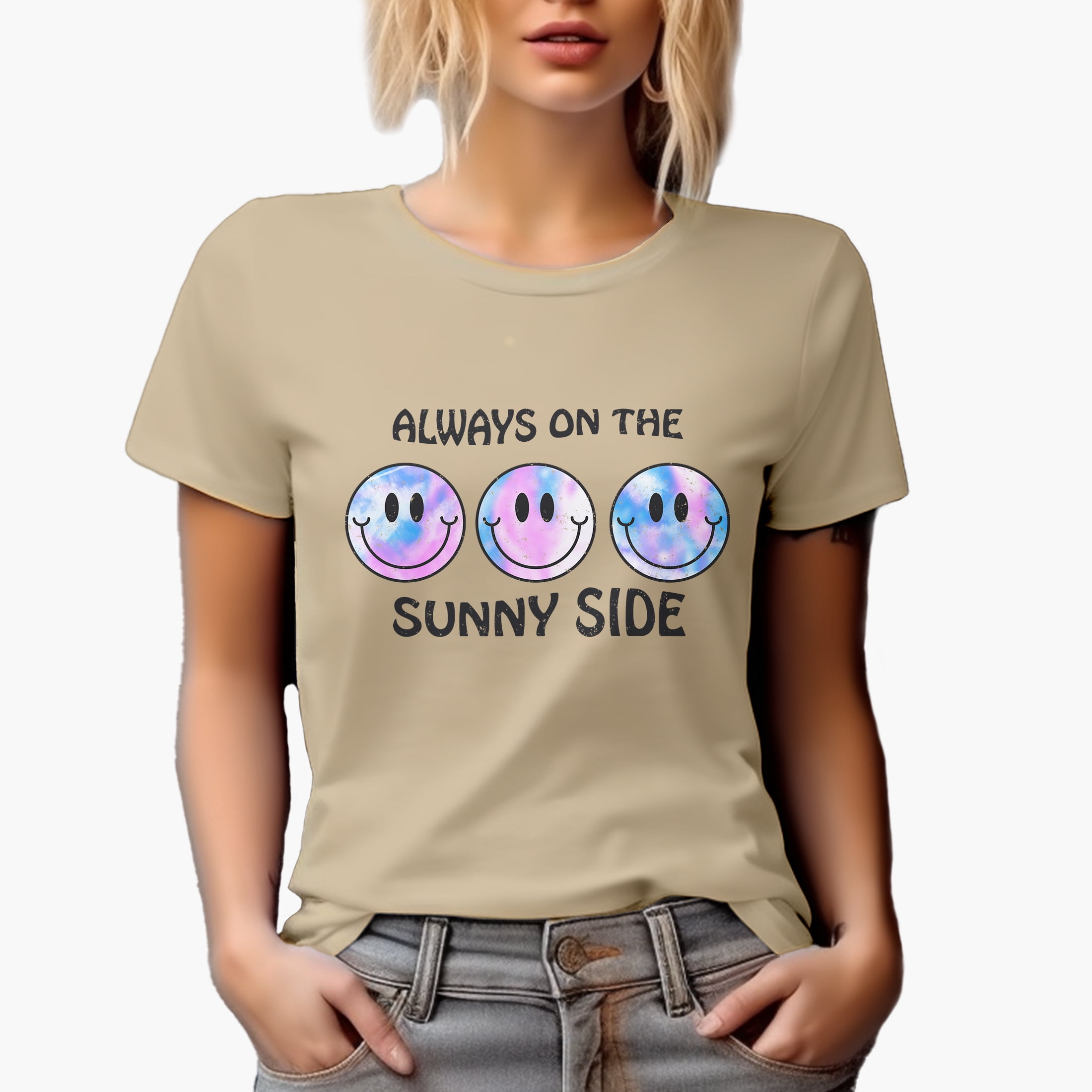 Distressed Always on the Sunny Side - Retro Smiling Faces, Summer Tie ...
