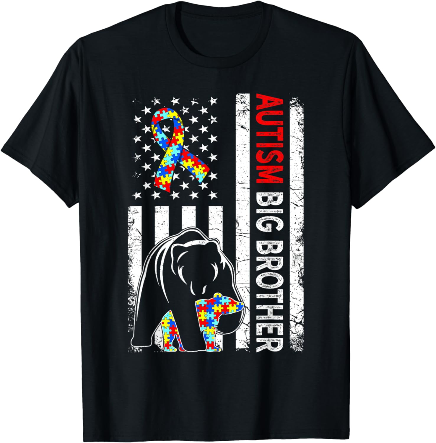 Distressed American Flag Autism Big Brother Bear Awareness T-Shirt ...