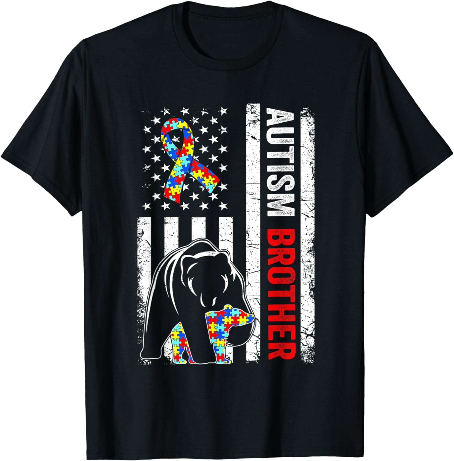 Distressed American Flag Autism Brother Bear Awareness T-Shirt ...