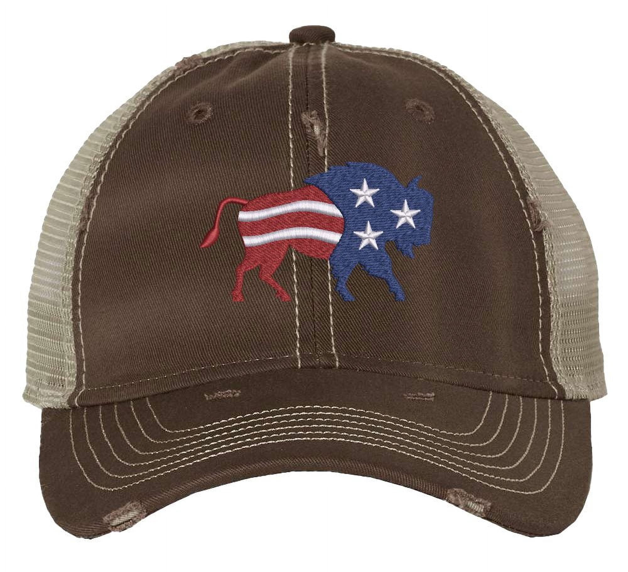 Distressed American Flag Bison Trucker Hat – Embroidered Bison, Mesh ...