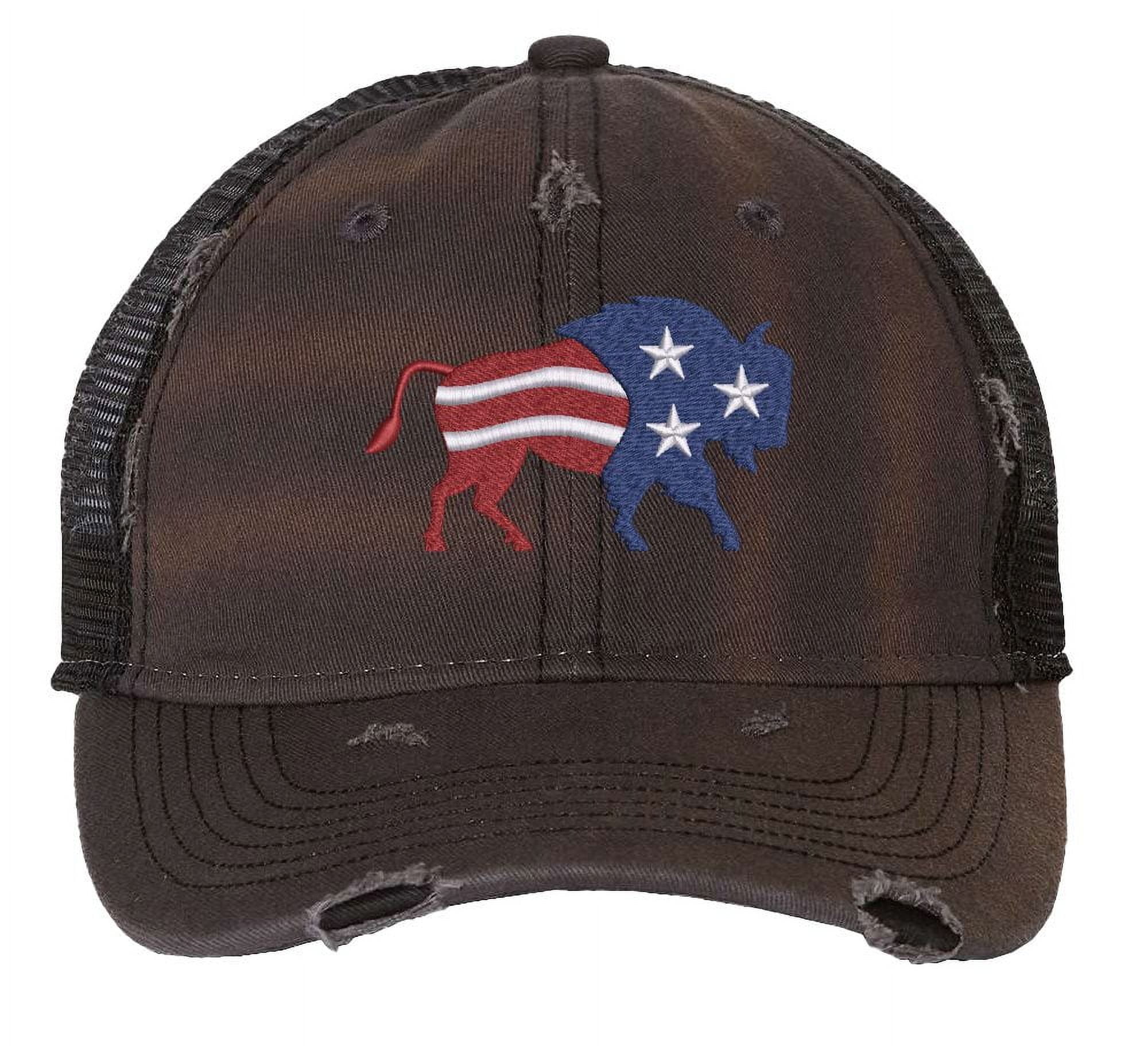 Distressed American Flag Bison Trucker Hat – Embroidered Bison, Mesh ...