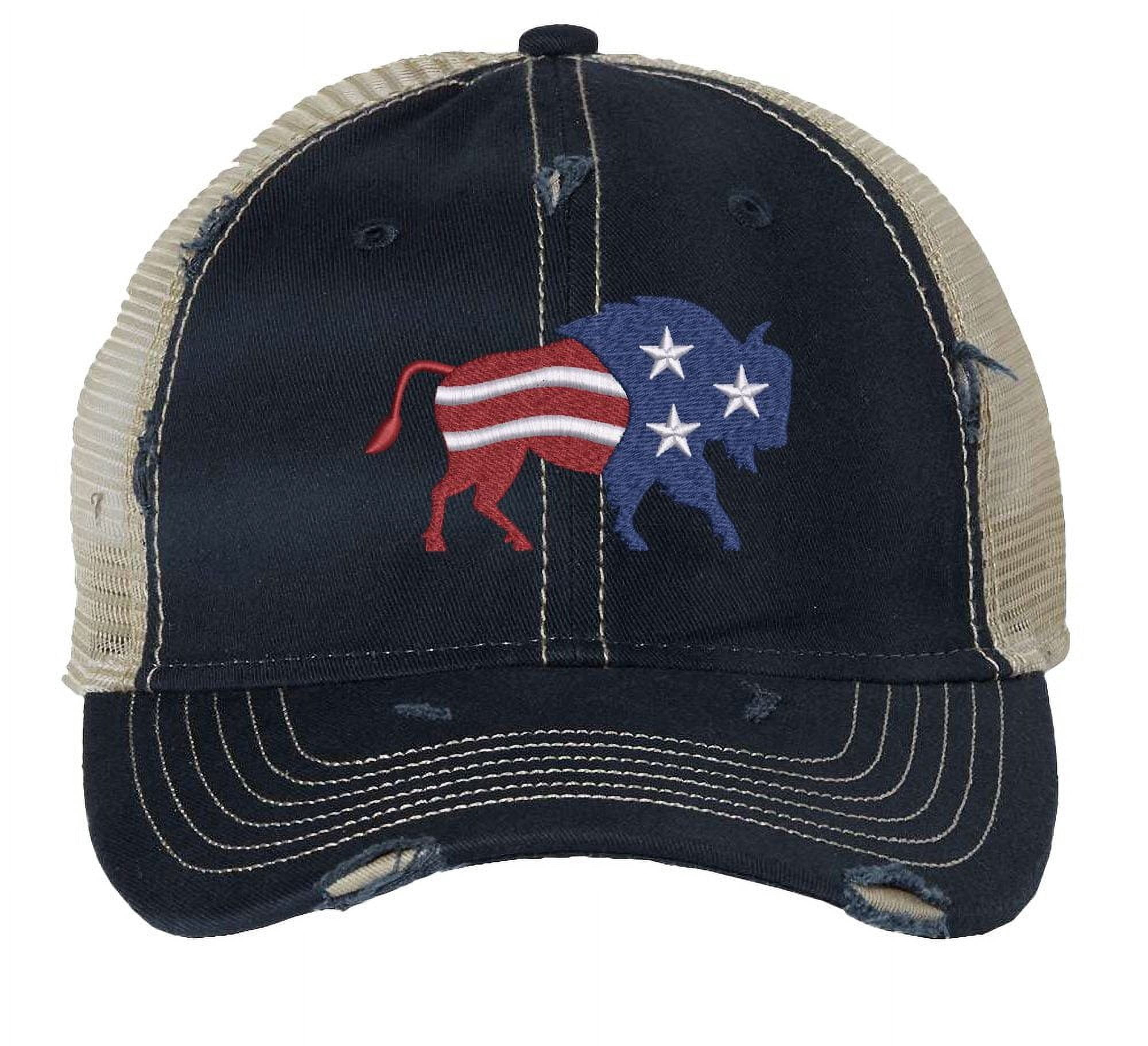 Distressed American Flag Bison Trucker Hat – Embroidered Bison, Mesh ...