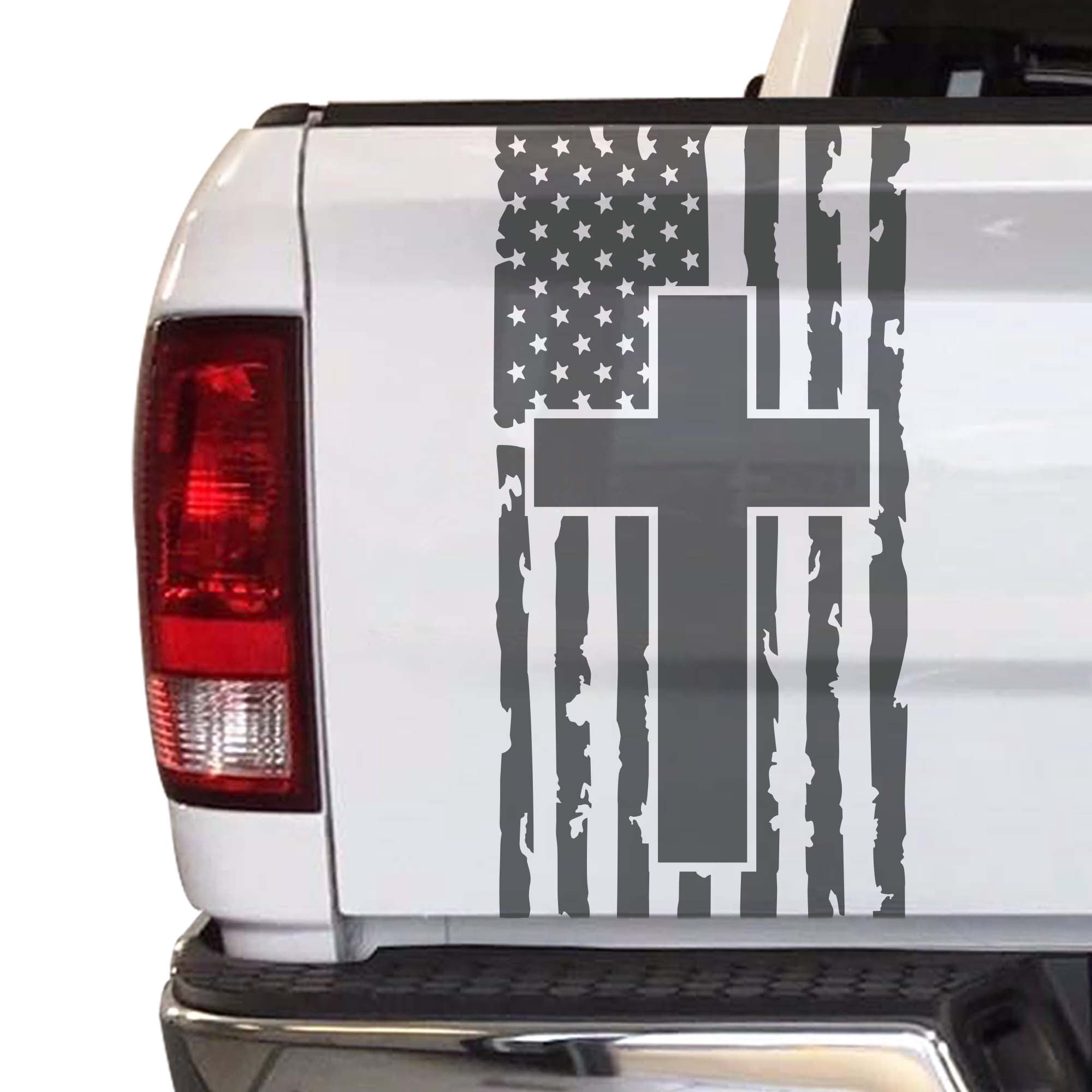 Distressed American Flag with Cross Truck Tailgate Vinyl Decal ...