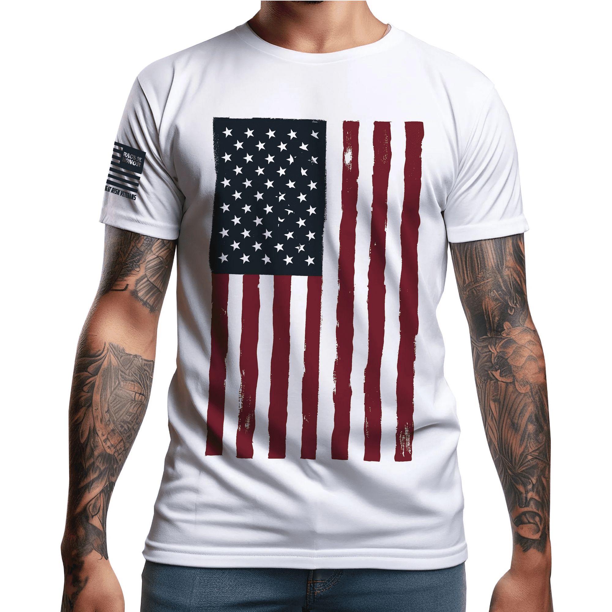 Distressed American Flag Graphic Tee with Sleeve Accent - Walmart.com