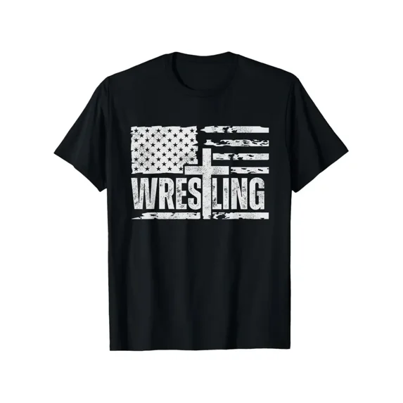 Distressed American Flag Wrestling T-Shirt | Patriotic Cross Design ...