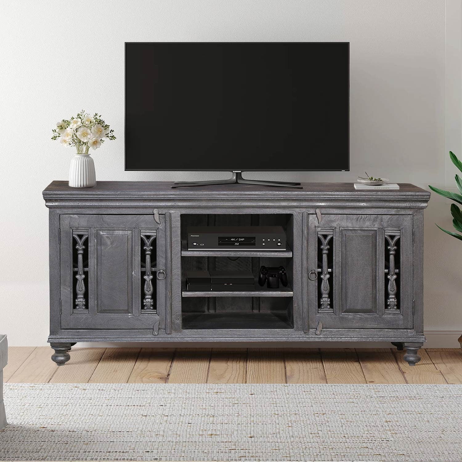 Distressed Ash Gray Finish Media Console With Grill Accents | Modern ...