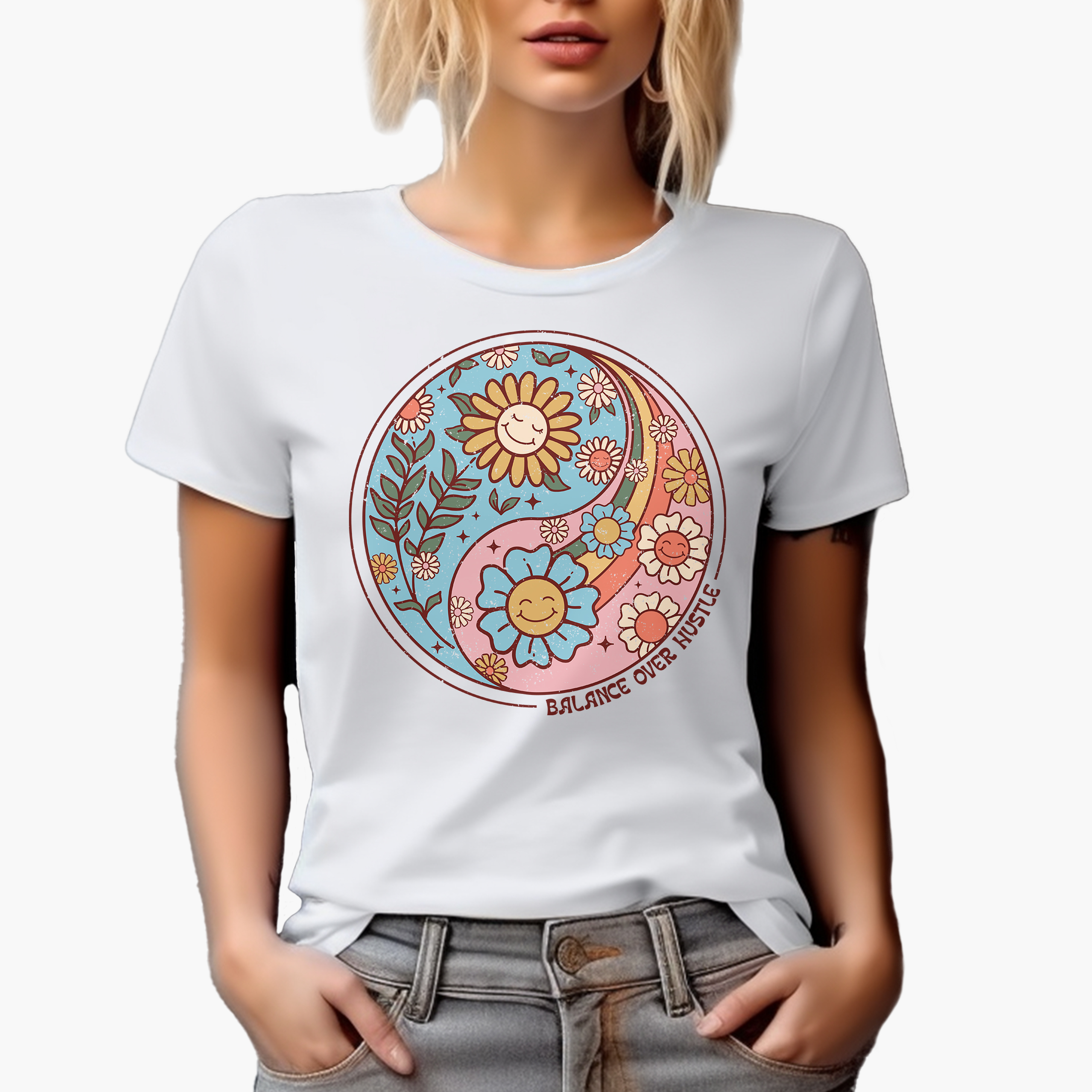 Distressed Balance Over Hustle - Retro Flowers Art Merch Gift, White T ...