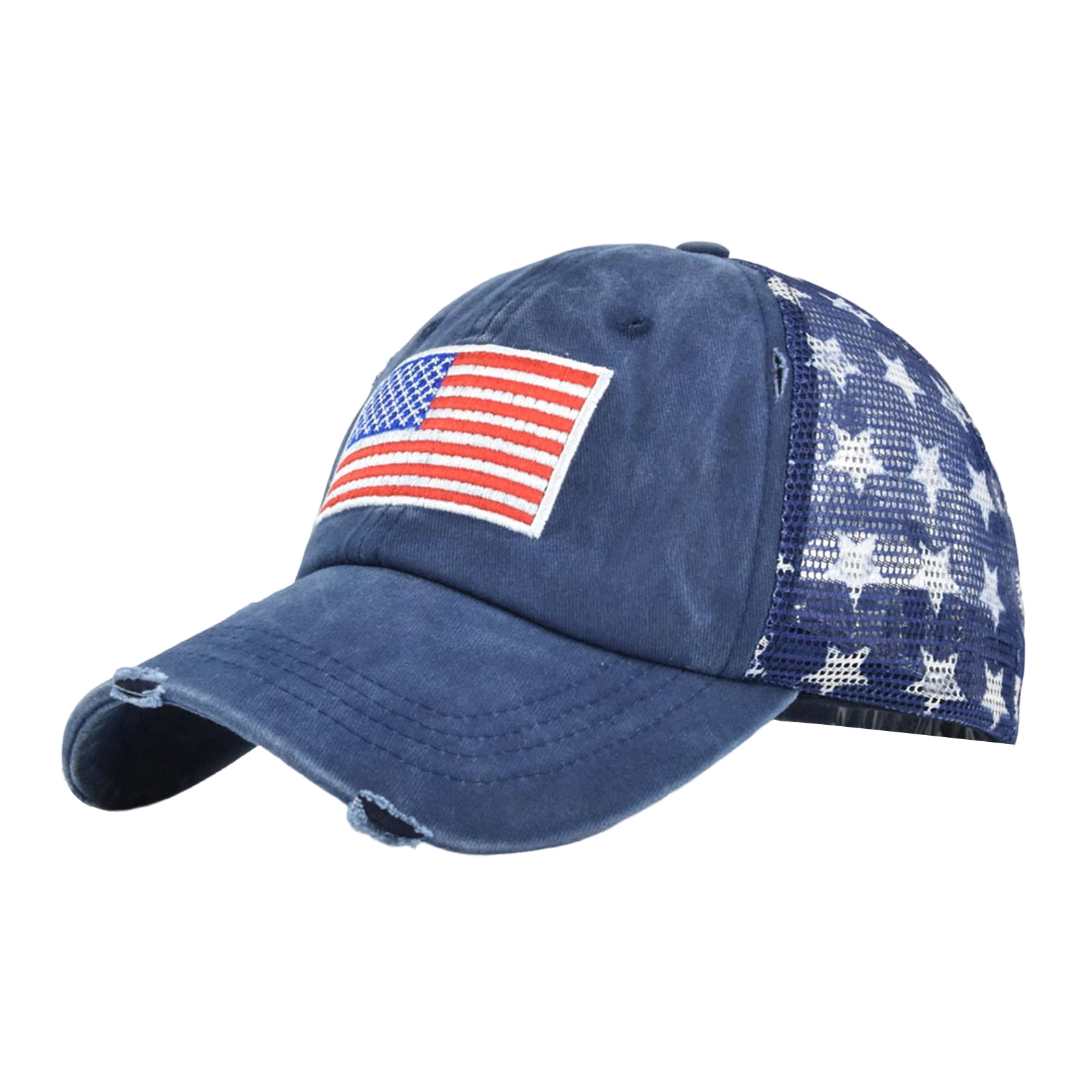 Distressed Baseball Cap with Embroidered Flag and Mesh Back Adjustable ...