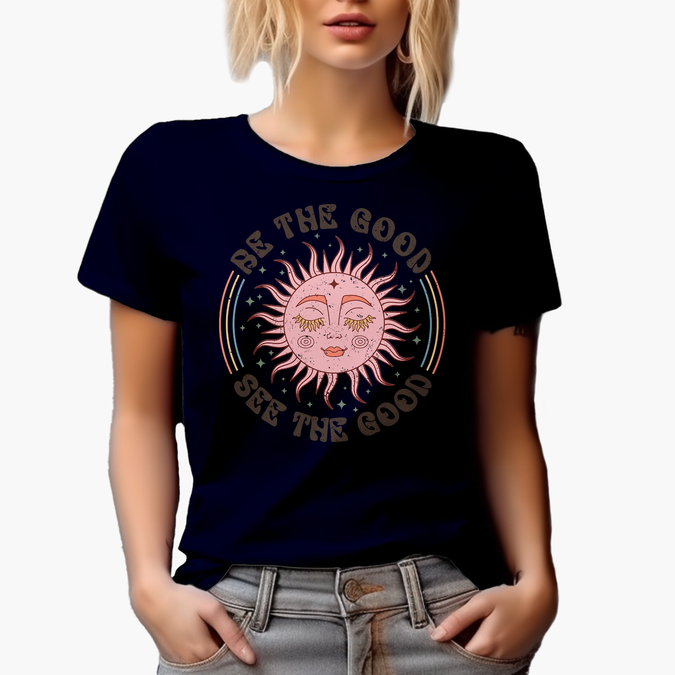Distressed Be the Good, See the Good, Sun & Boho Art, Navy Blue T-Shirt ...