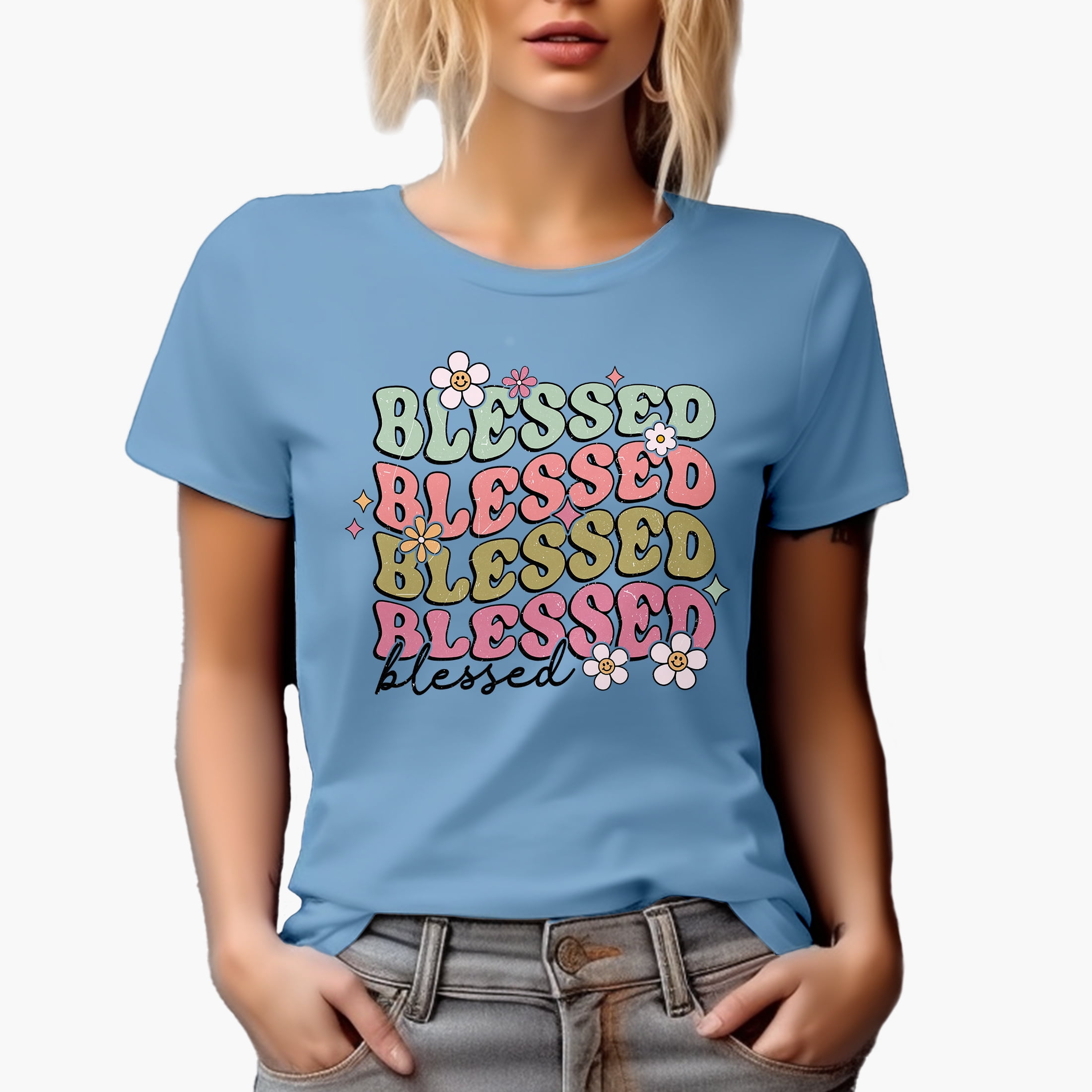 Distressed Blessed - Retro Groovy Wavy Text Art Merch Gift, Baby Blue T ...