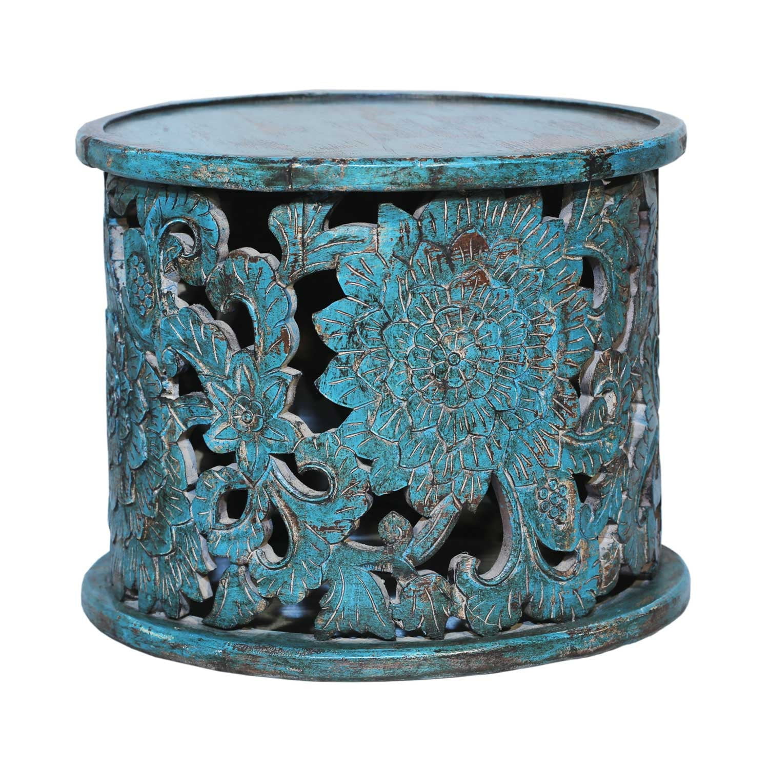 Distressed Blue Solid Wood 18.5 Inch Tall End Table | Handcarved Round ...
