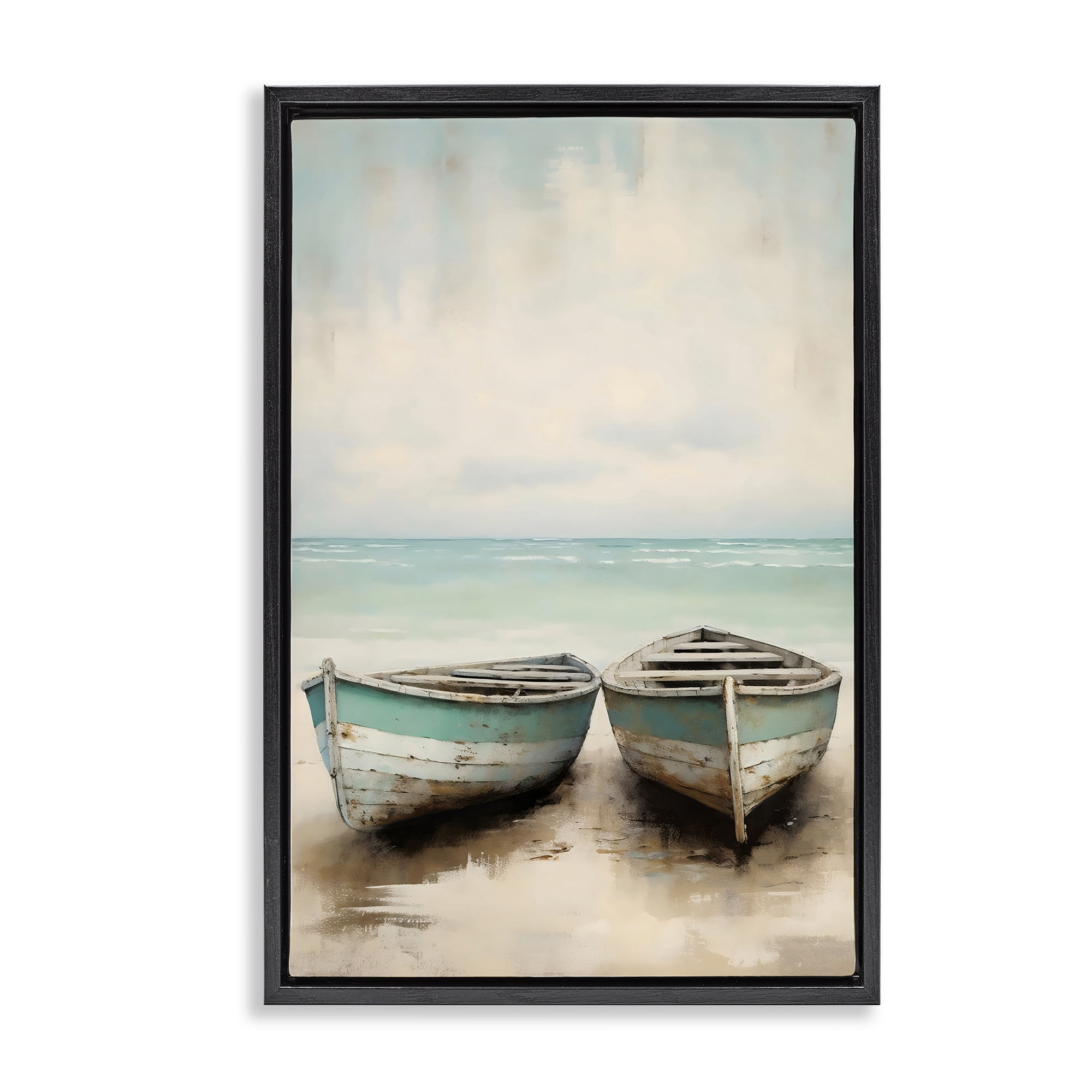 Stupell Industries Distressed Boats Pair Black Framed Floater Canvas ...