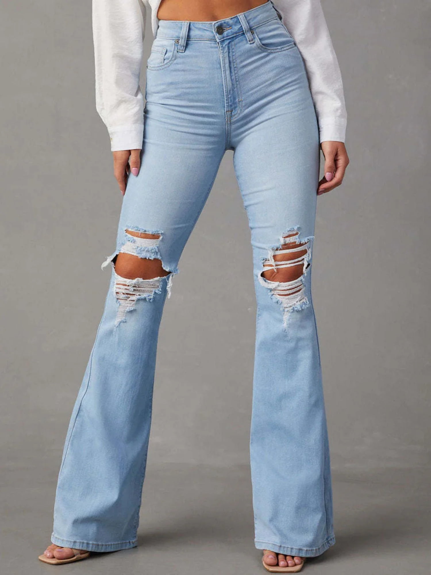 Distressed Bootcut Denim Jeans with Functional Pockets - Walmart.com