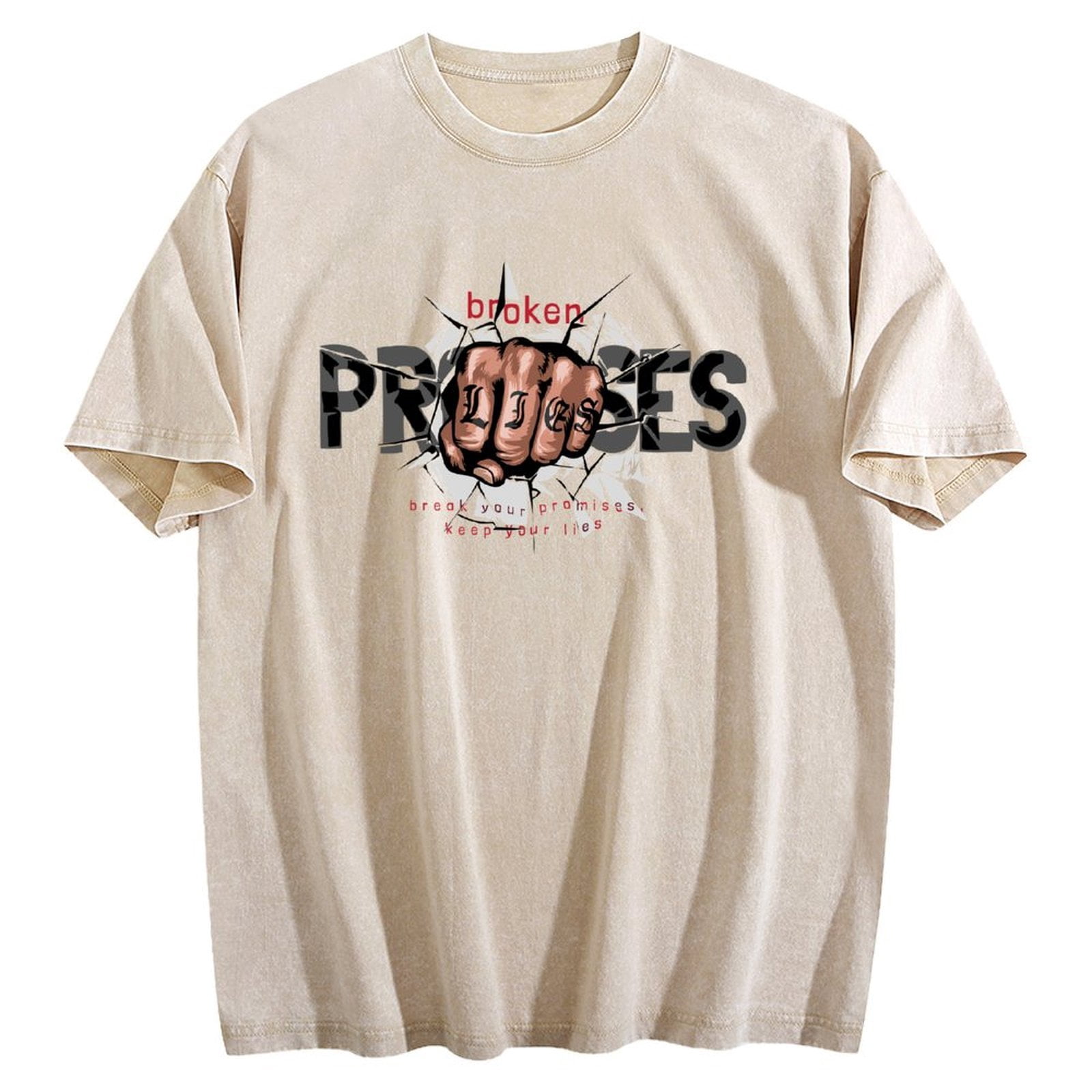 Distressed Broken Fist Punch Through Tee with Edgy Slogan Street Style ...