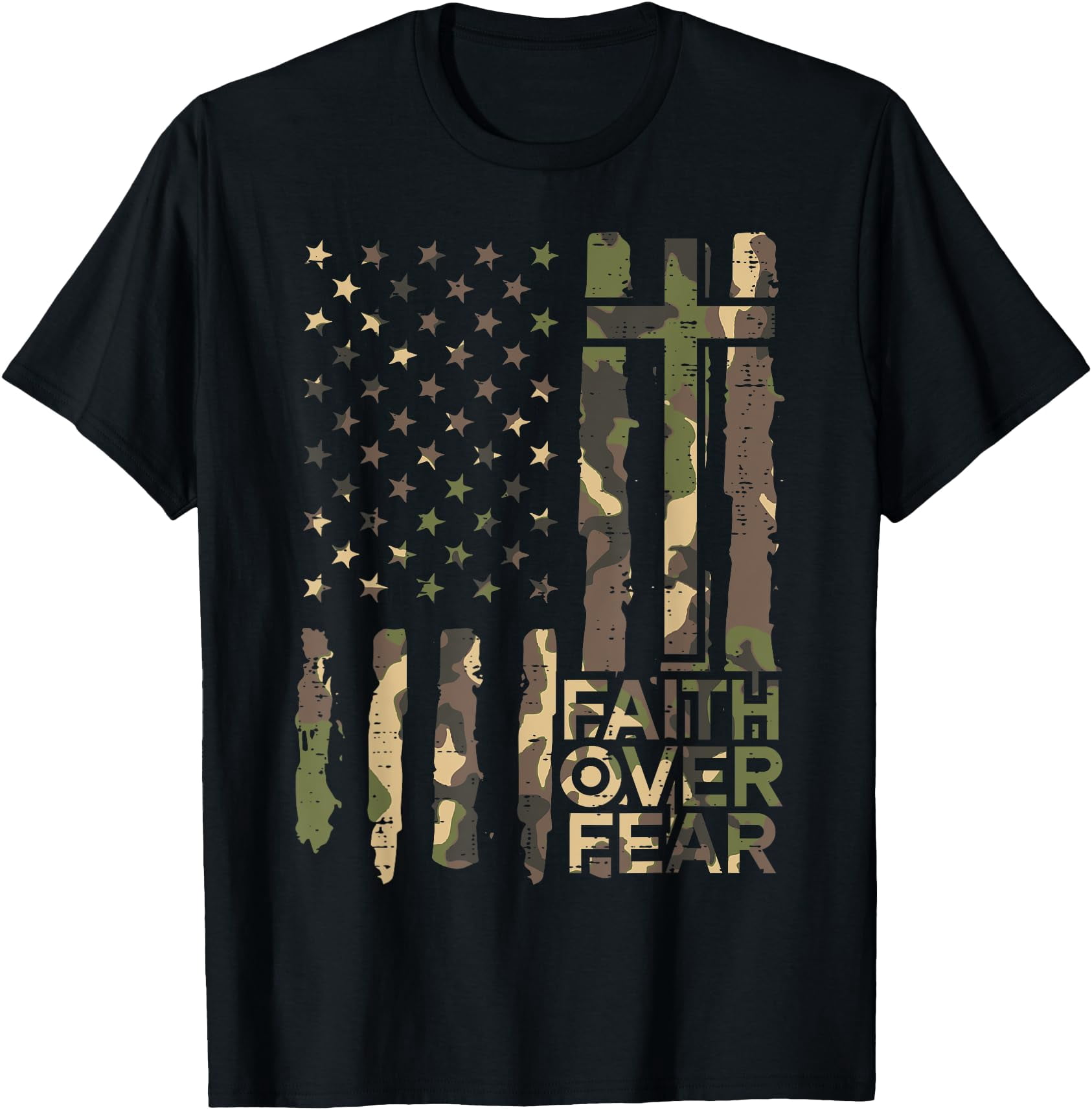 Distressed Camo US Flag Cross T-Shirt - Christian Faith Over Fear ...