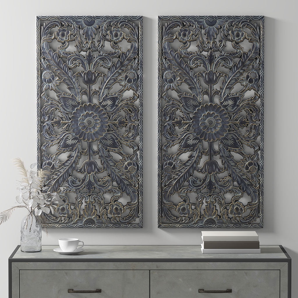 Distressed Carved Wood 2-Piece Wall Decor Set,Antique Blue Mdf ...