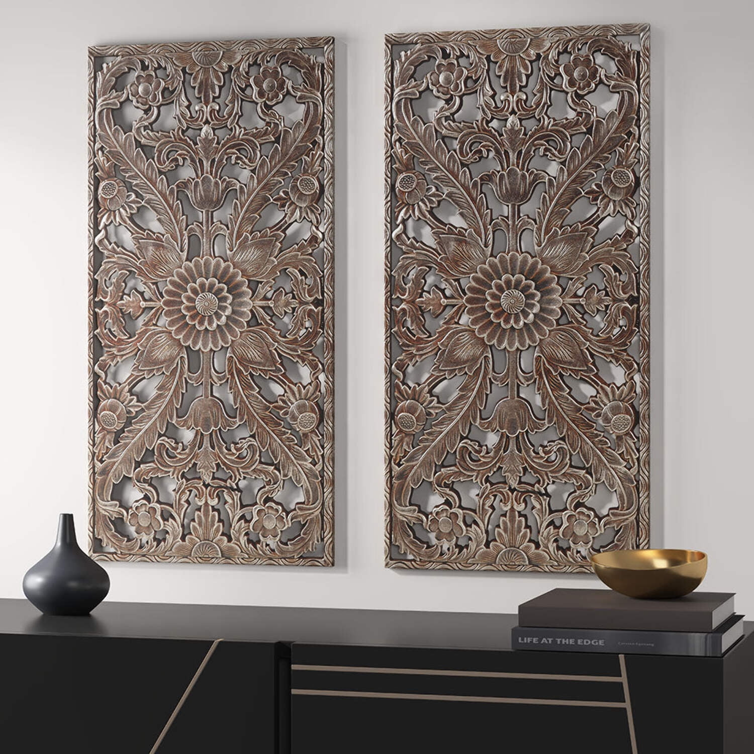 Distressed Carved Wood 2 Piece Wall Decor Set Bronze Mdf - Walmart.com