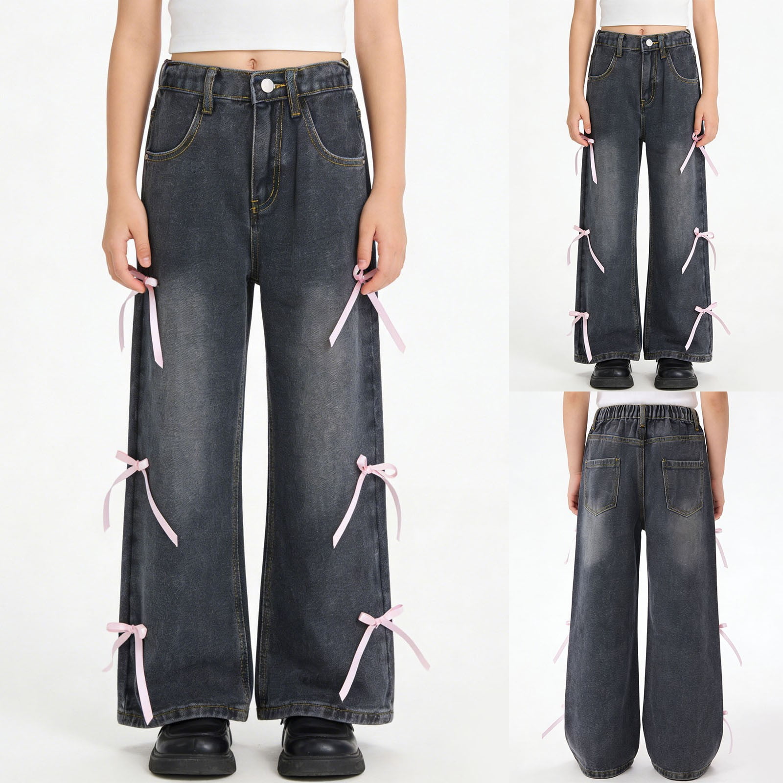 Distressed Denim Wide Leg Casual Trousers For Girls Featuring Bow ...