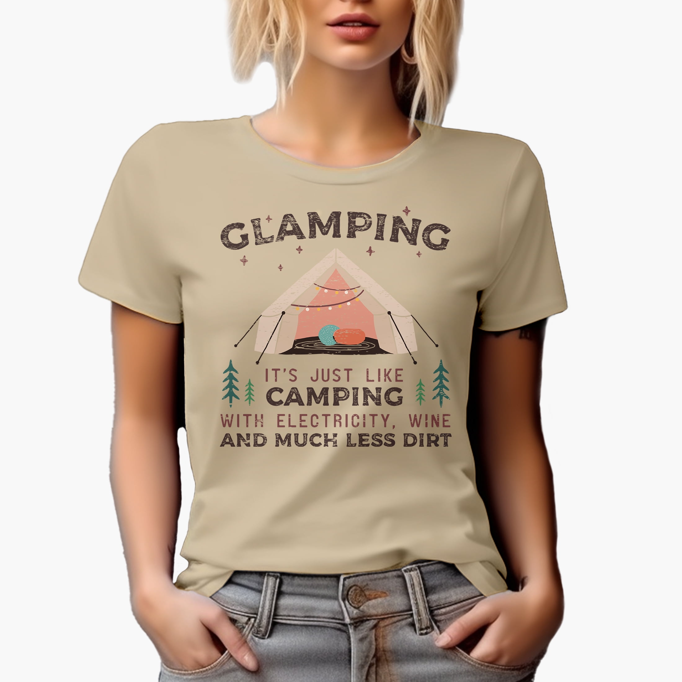 Distressed Glamping, Just Like Camping Quote - Tent Art Merch Gift, Tan ...