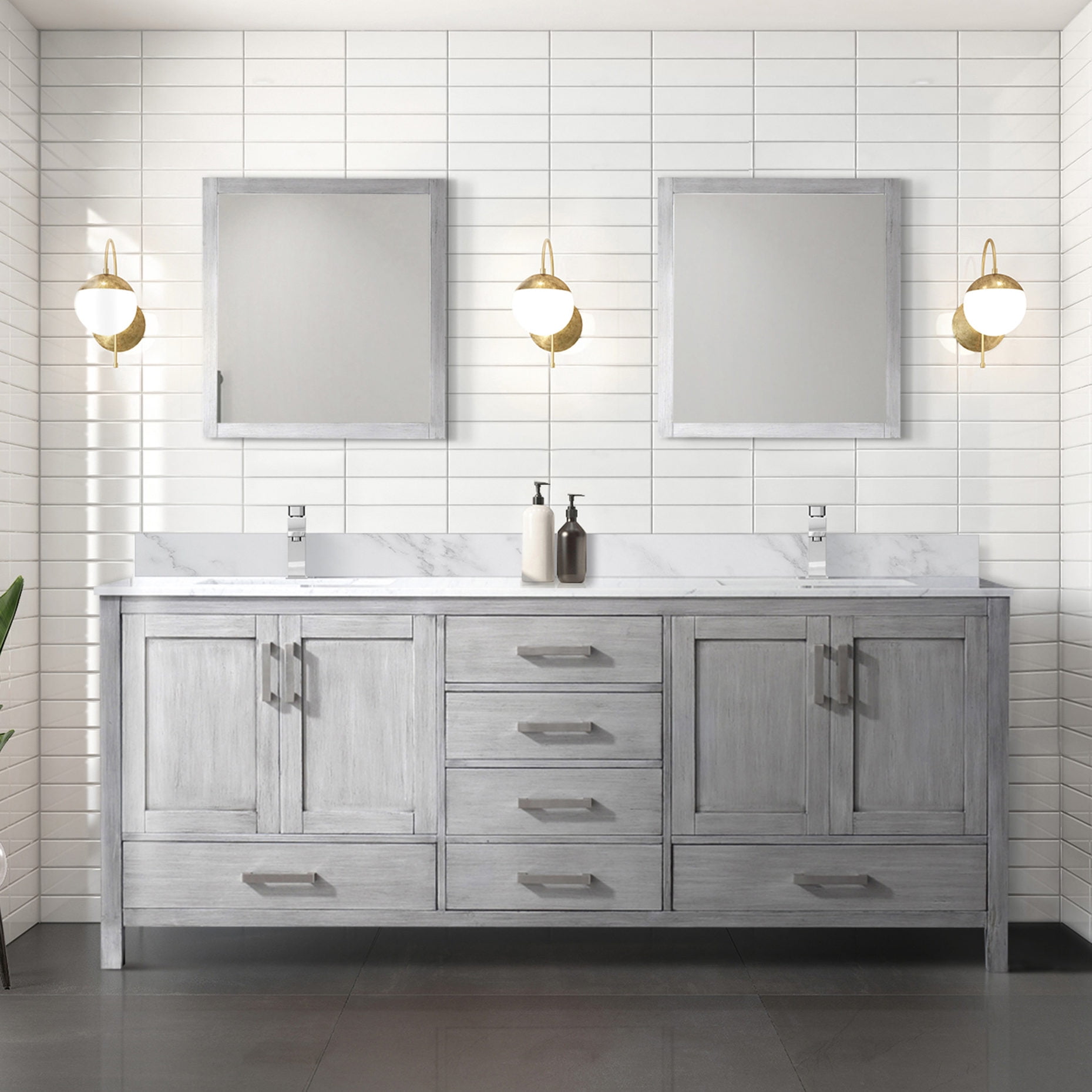 Distressed Grey 84 in. Double Vanity / Open Cabinet Shelf and Drawers ...