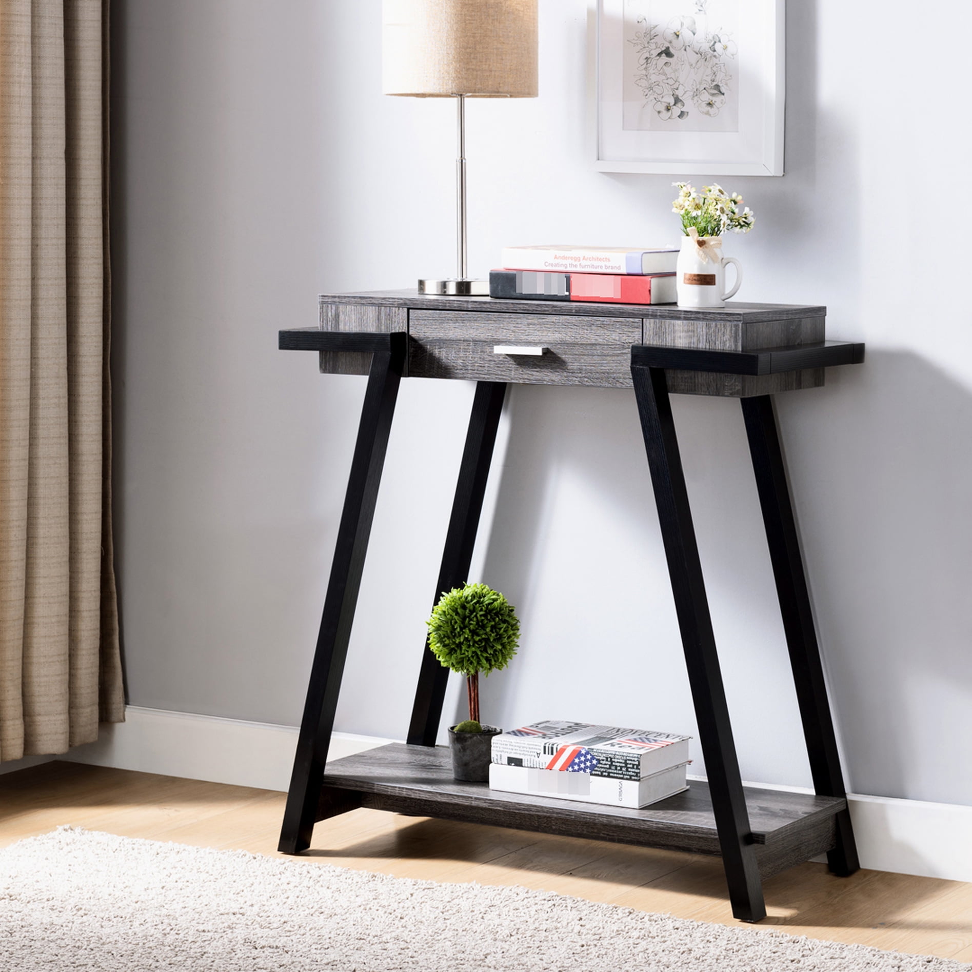 Distressed Grey And Black Hallway Display Table With Drawer & Shelf ...