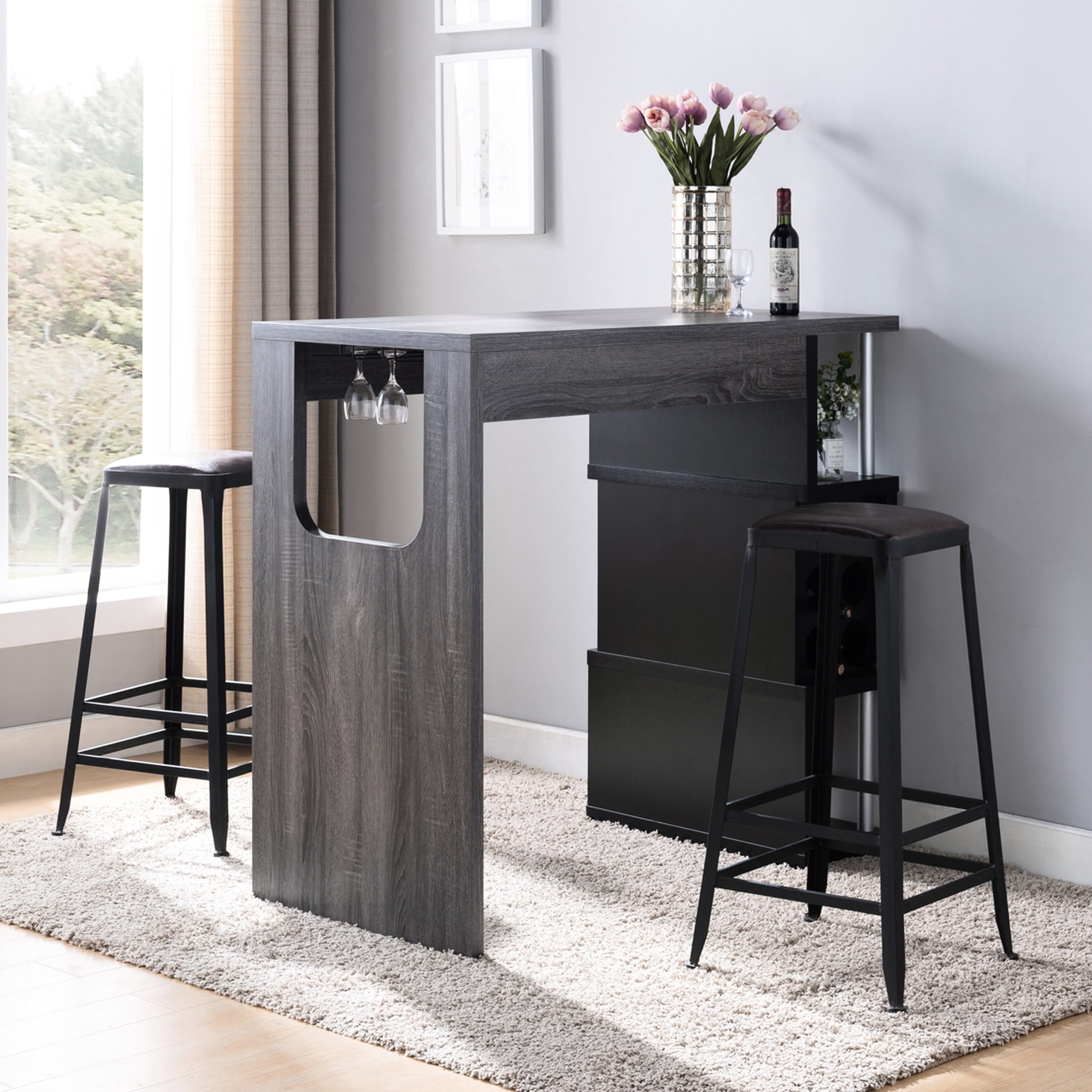 Distressed Grey & Black Home Bar Workstation With Wine Glass ...